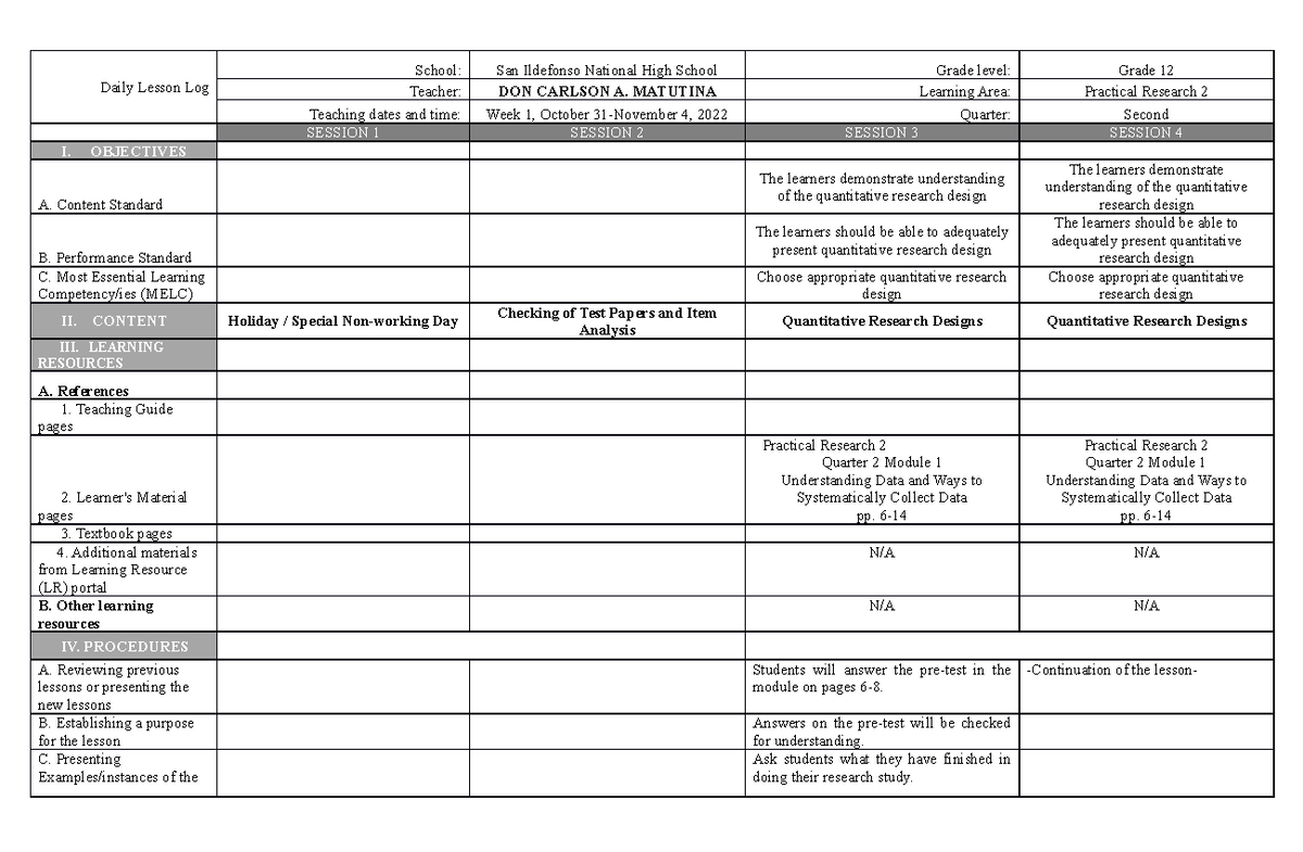 PR2- Quarter-2-WEEK-1 DLL - Daily Lesson Log School: San Ildefonso National High School Grade ...