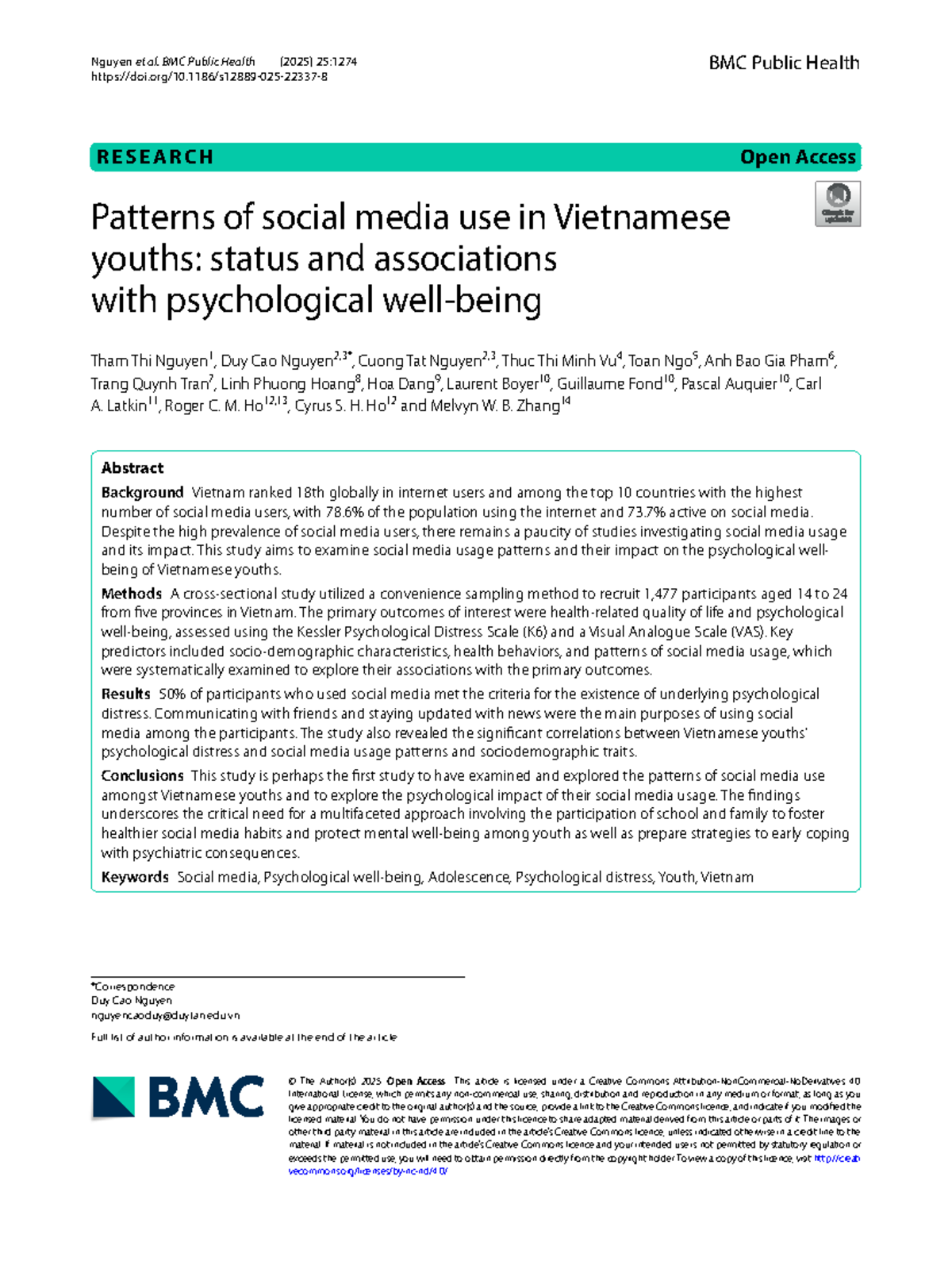 Patterns of Social Media Use and Psychological Impact on Vietnamese ...