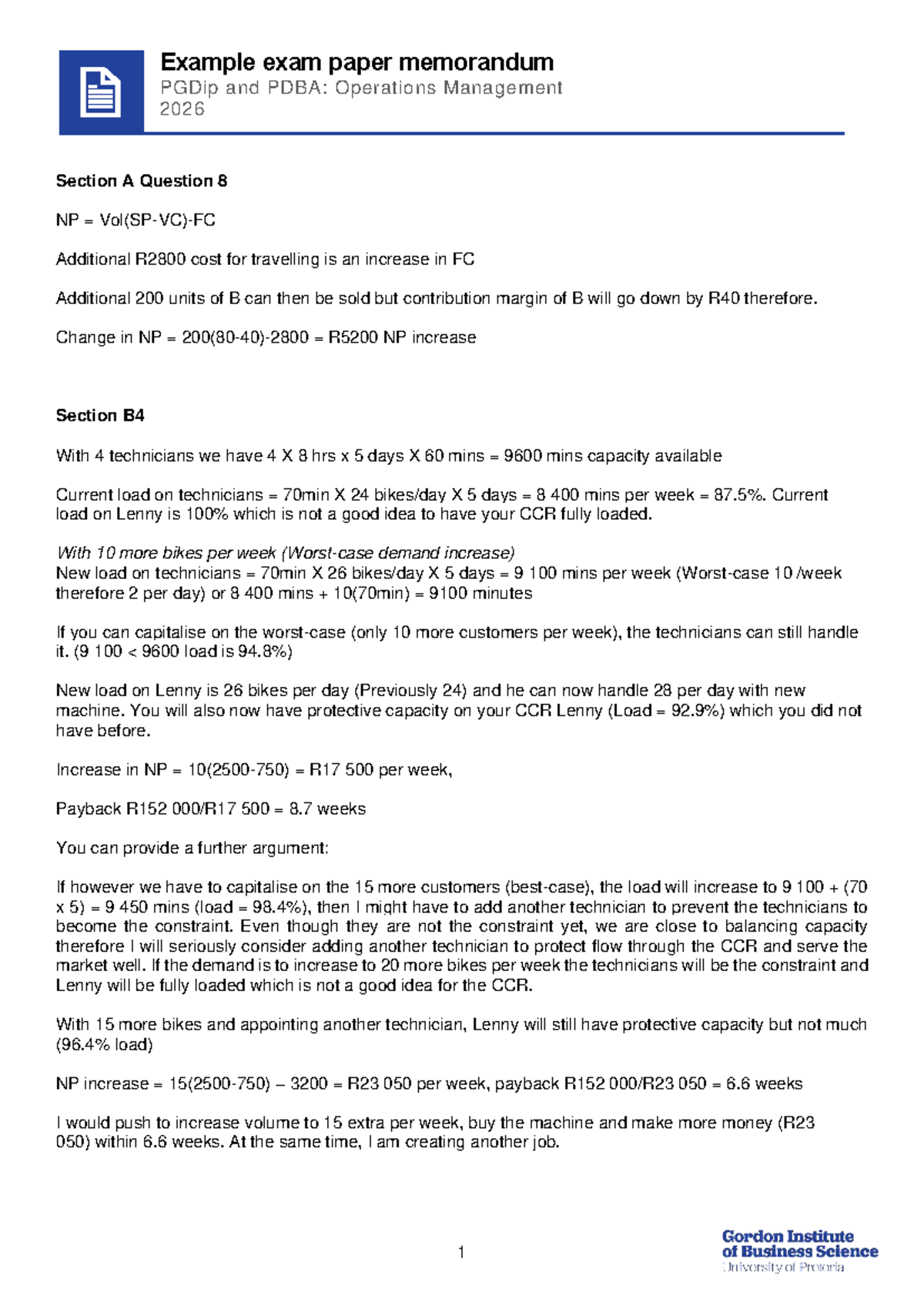 Ops Sample Exam Paper Memo PGDip & PDBA: Operations Management 2026 ...