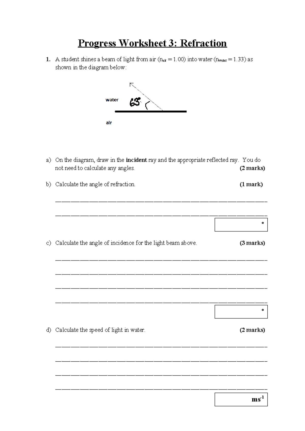 Progress Worksheet 3: Refraction (Unit 1) 2026 - Studocu