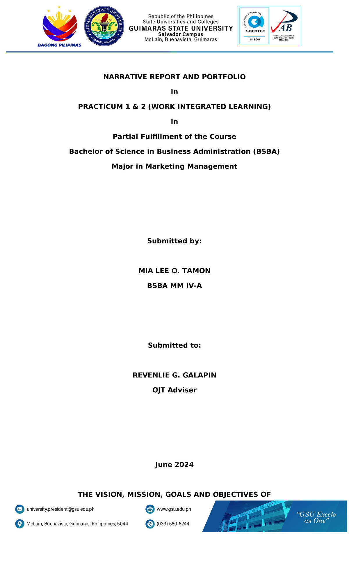 Narrative Report & Portfolio for Practicum 1 (BSBA MM) - M. Tamon - Studocu