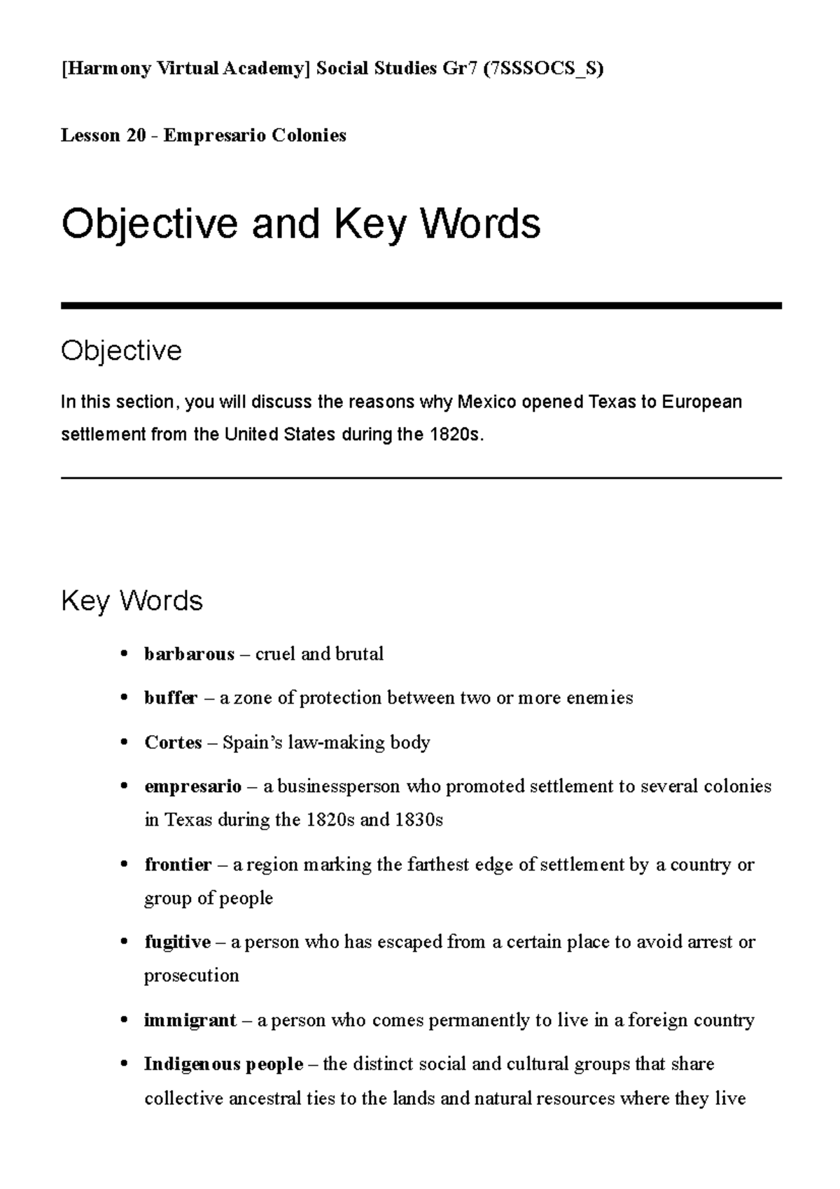 Gr7 Social Studies Lesson 20: Empresario Colonies in Texas - Studocu