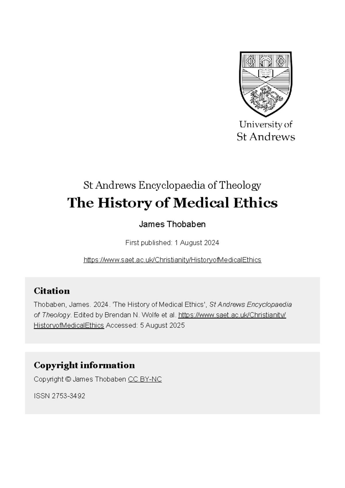History of Medical Ethics: Insights from St Andrews Theology - Studocu