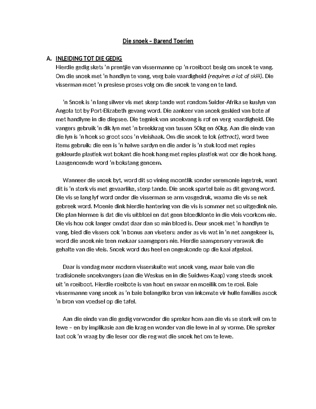 Snoek Gedig Aantekeninge en Vrae - Barend Toerien Analise - Studocu