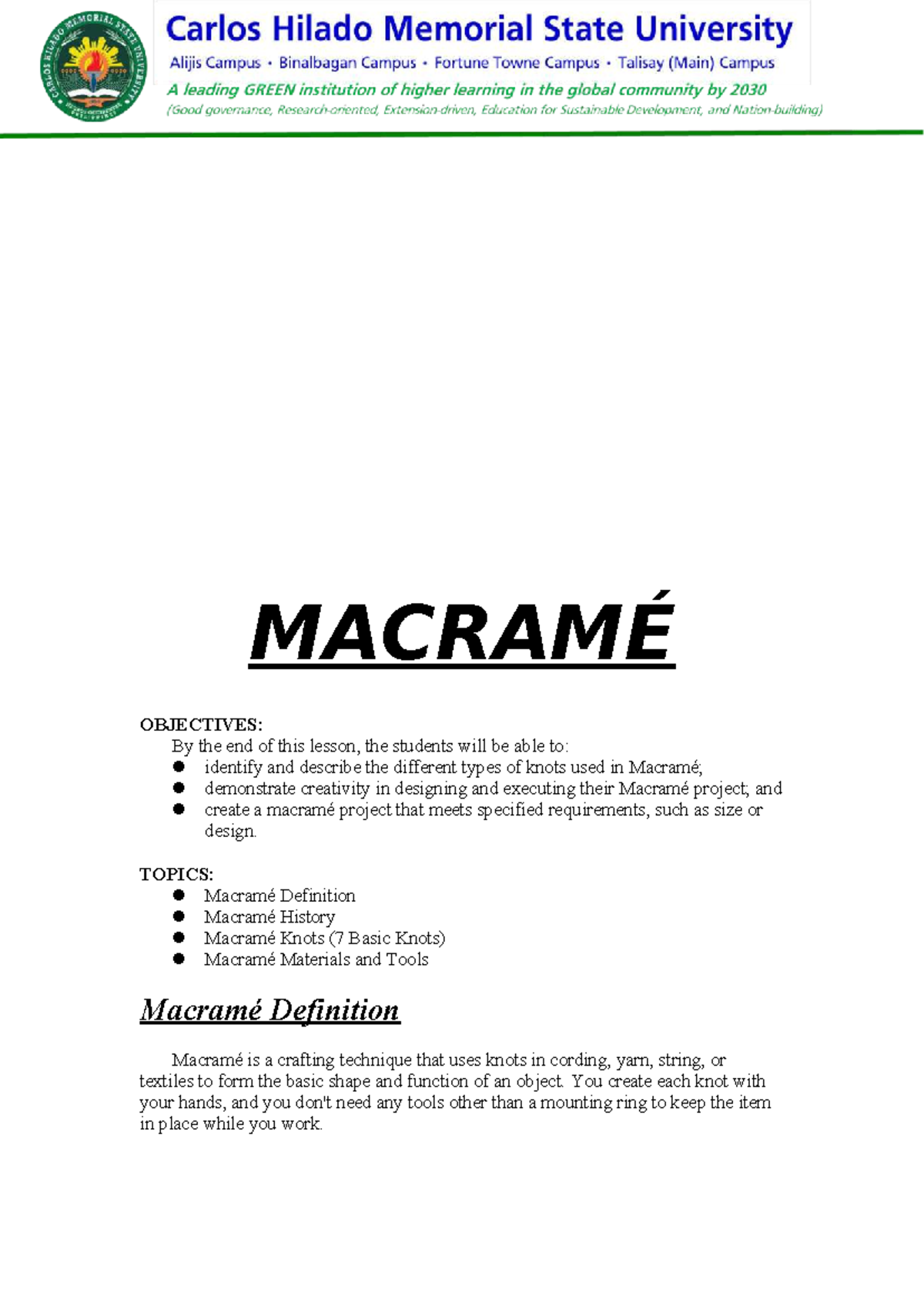 Group 7 macramé handouts: lesson objectives and basic knots overview - Studocu