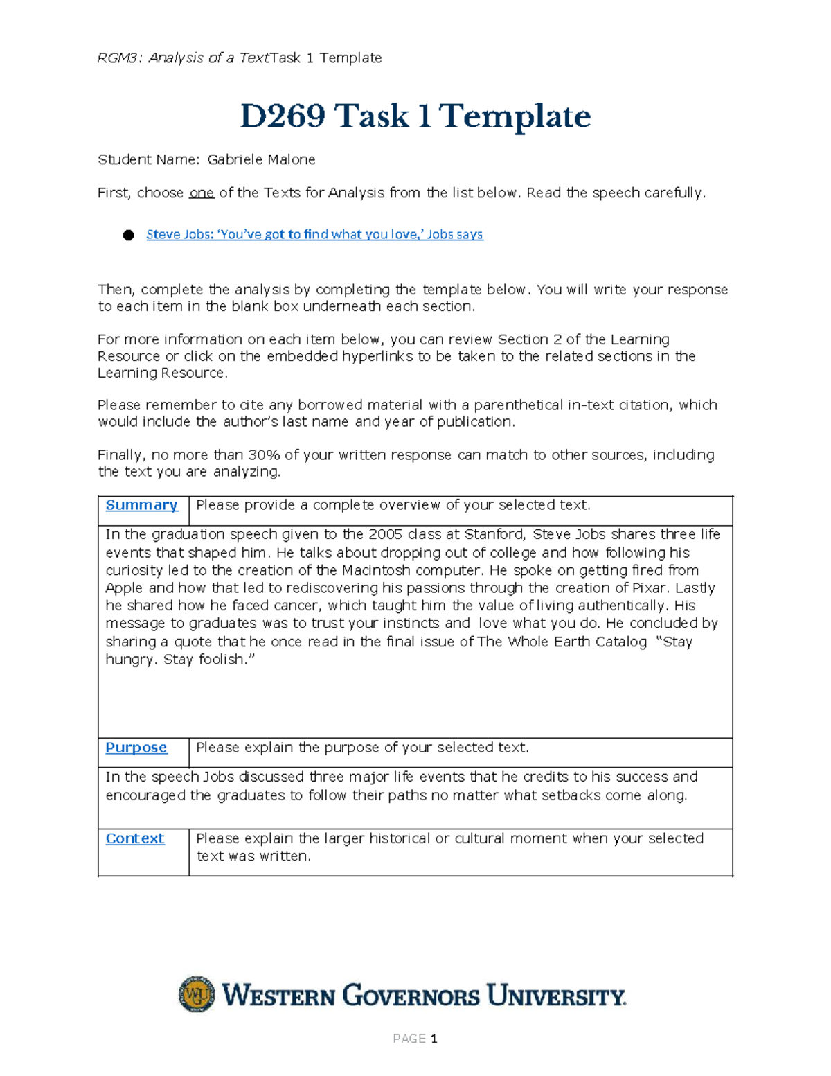 RGM3: Analysis of Steve Jobs' Graduation Speech - Task 1 Template - Studocu