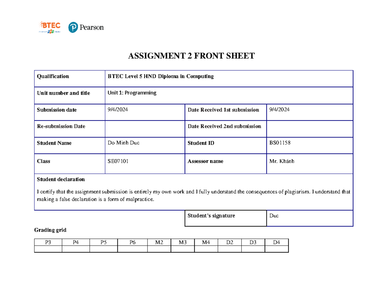 ASM2 Do Minh Duc Programming (Final) - ASSIGNMENT 2 FRONT SHEET Qualification BTEC Level 5 HND ...