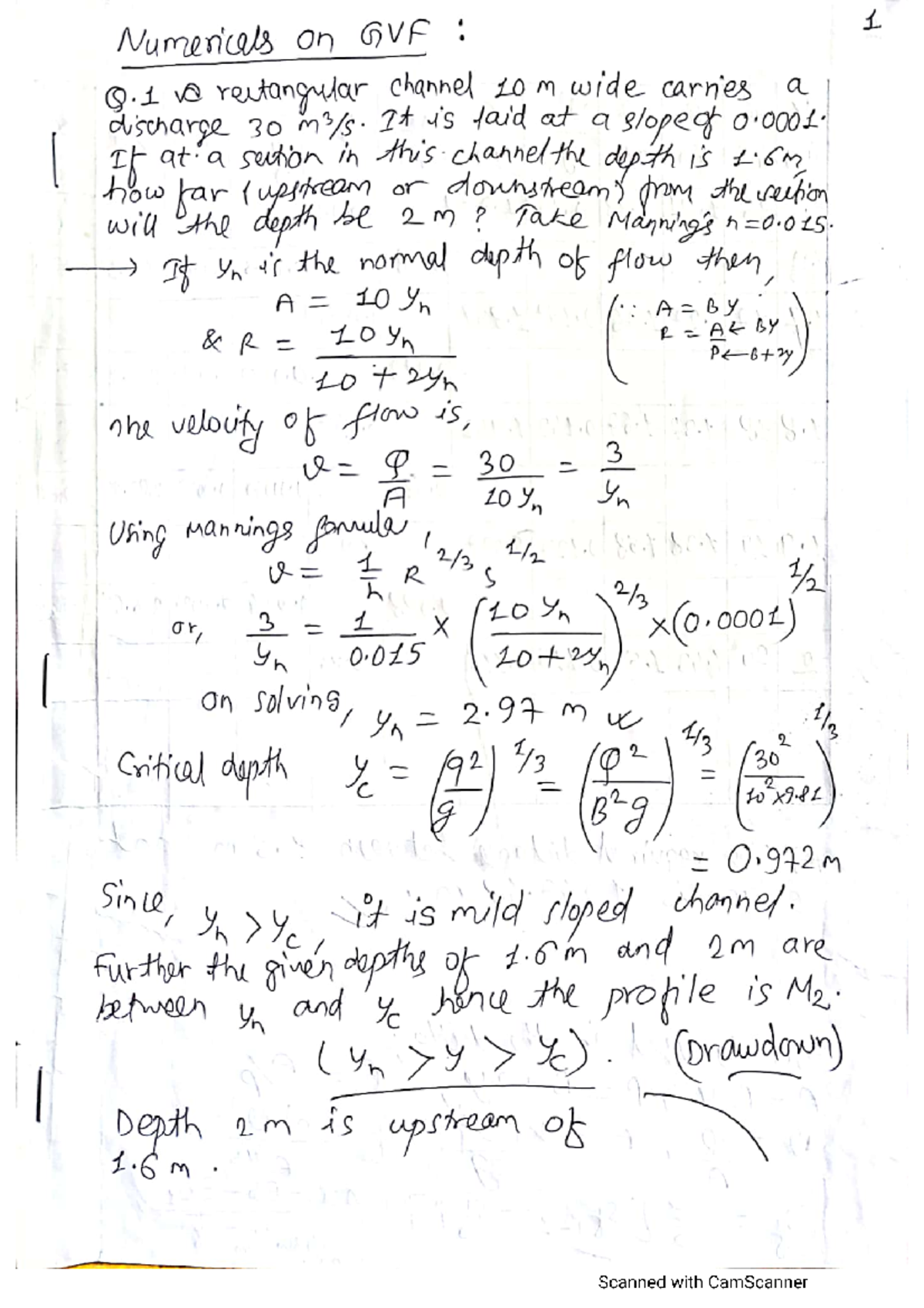 GVF Numericals: Analysis of Flow in Rectangular Channels (Course Code: GVF) - Studocu