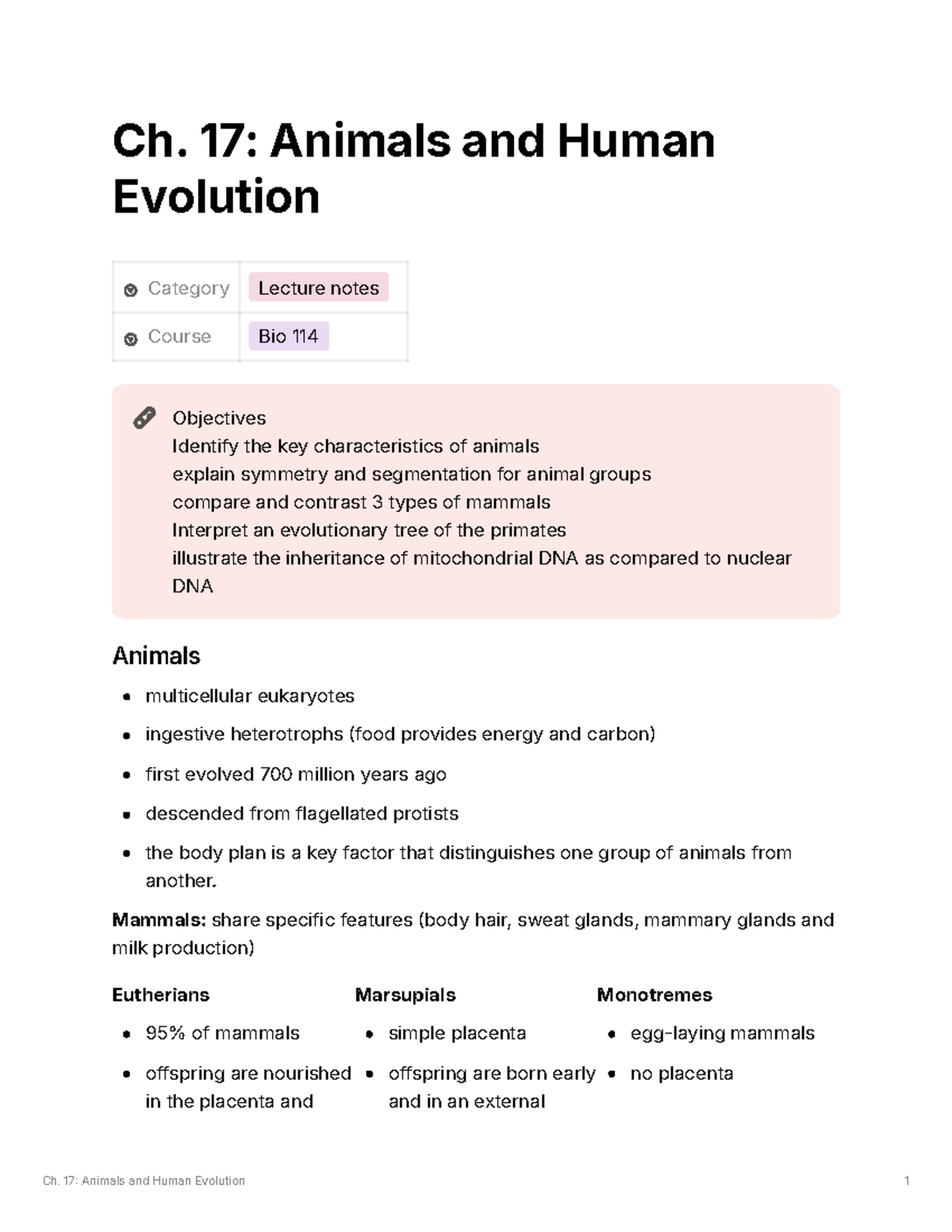 Bio 114: Ch. 17 Lecture Notes on Animals and Human Evolution - Studocu