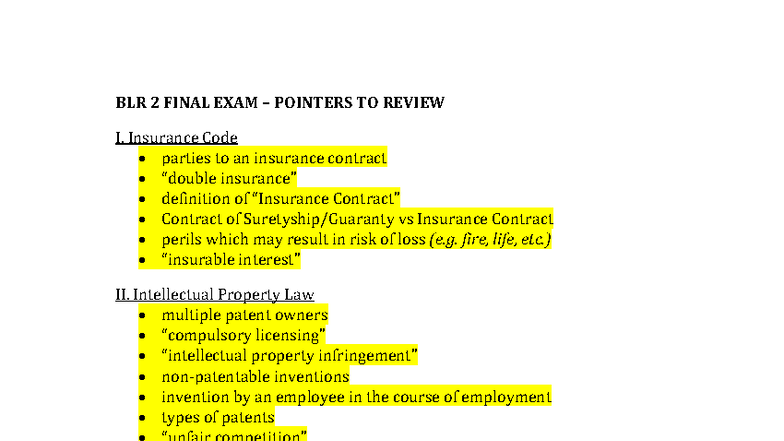 BLR 2 FINAL EXAM REVIEW: Insurance, IP Law, Data Privacy & More - Studocu