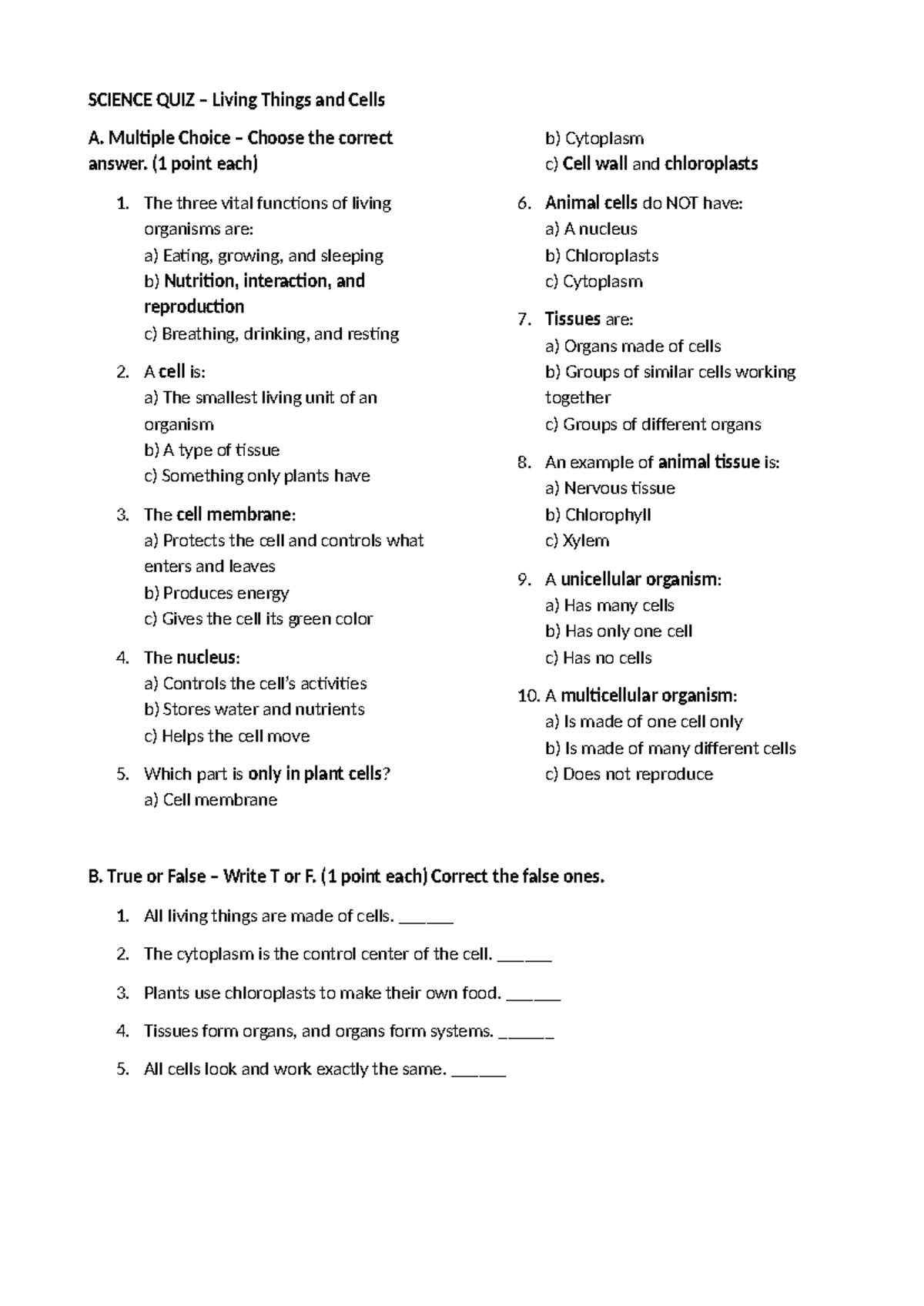 SCI 101 Final Quiz: Living Things and Cells - Studocu
