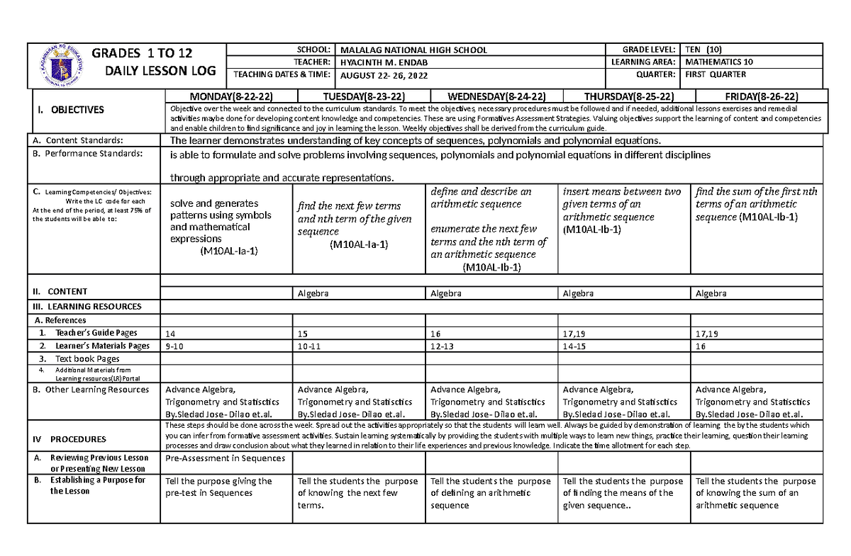 DLL MATH-10 Q1 - DLL in Mathematics 10 - GRADES 1 TO 12 DAILY LESSON ...
