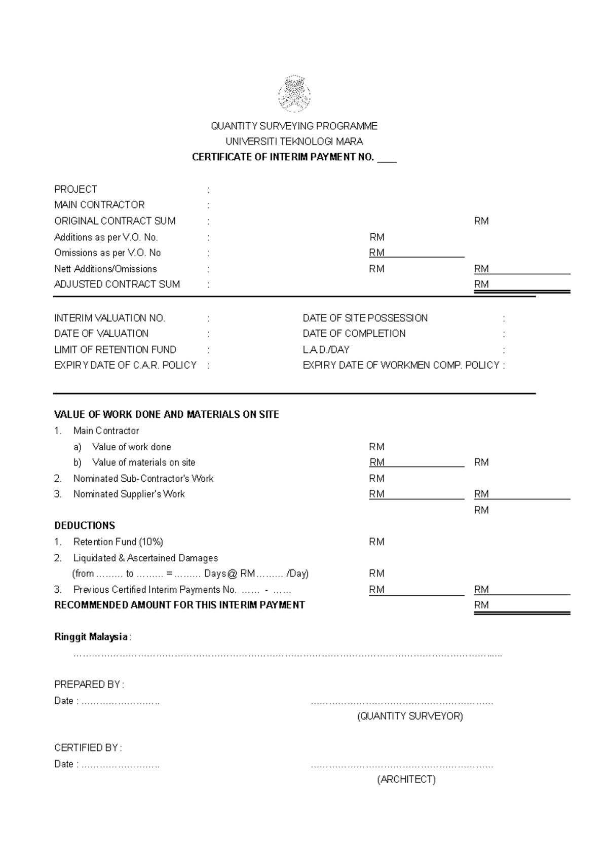 Interim Payment Form - PAM - QUANTITY SURVEYING PROGRAMME UNIVERSITI ...