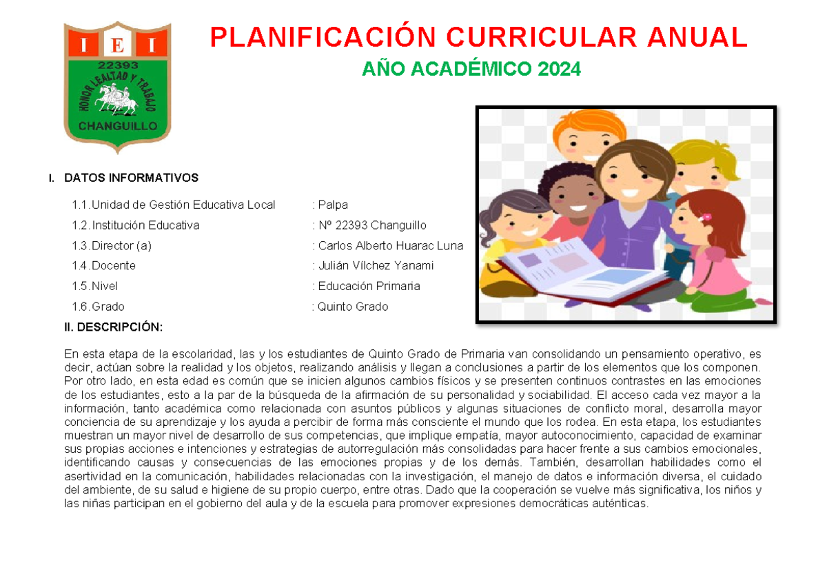 Planificación Curricular Anual para Quinto Grado - Año 2024 - Studocu