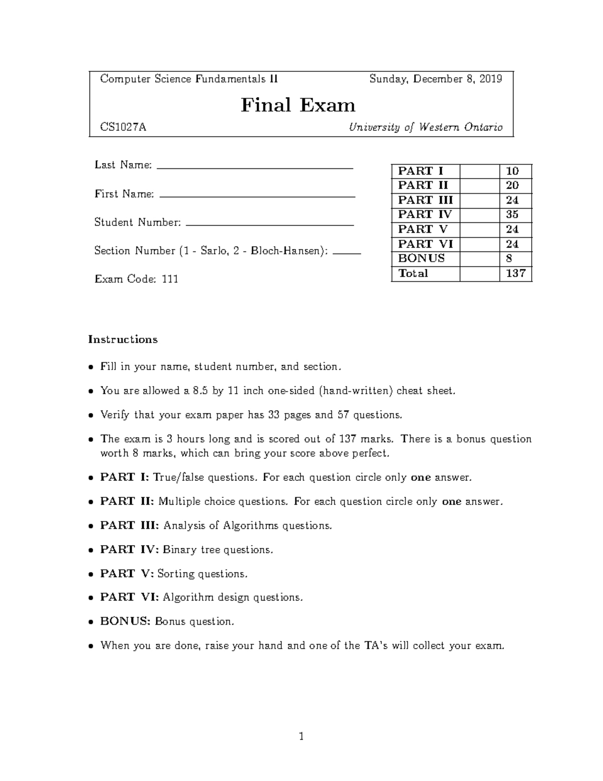 CS1027A Final Exam Review - Computer Science Fundamentals II (2019 ...