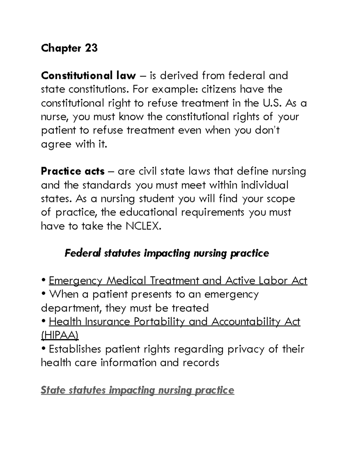 Chapter 23 & 26: Constitutional Law & Nursing Practice Overview - Studocu