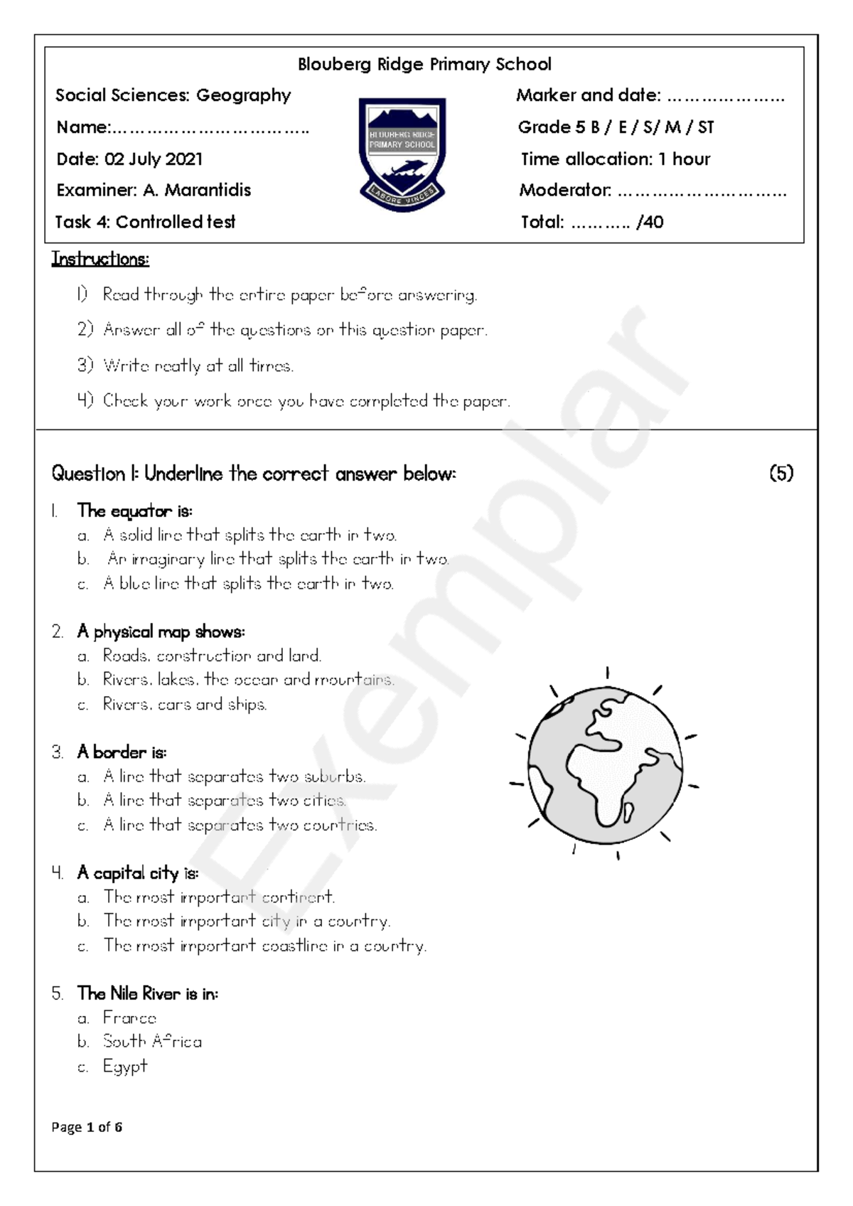 Grade 5 Geography Mid Year Exam 2021: Blouberg Ridge Primary School ...
