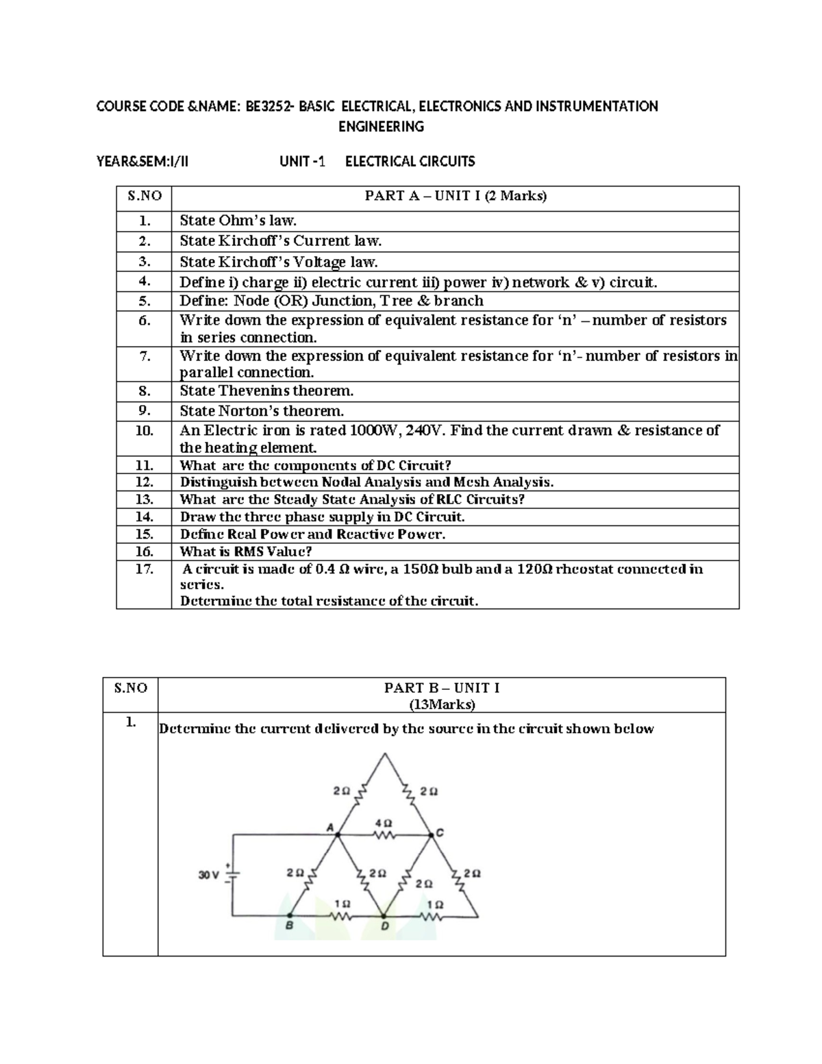 BE3252 Question Bank: Electrical Circuits & Electronics Fundamentals ...