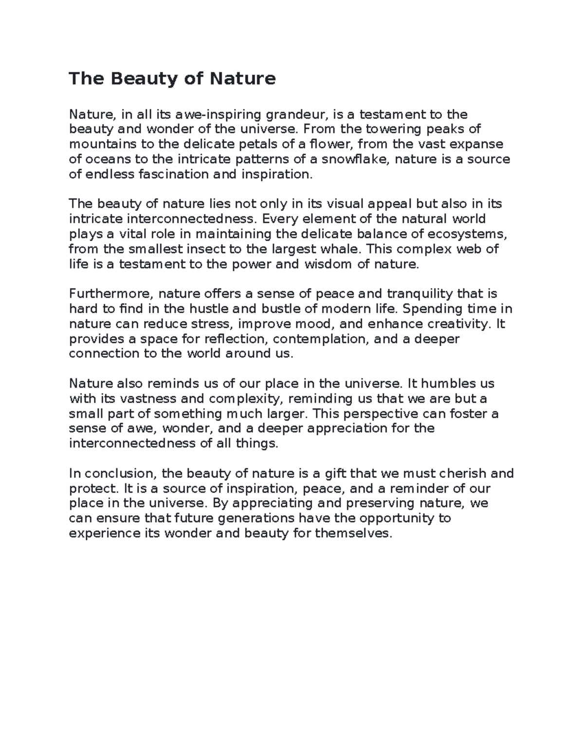 The Beauty of Nature - essay - The Beauty of Nature Nature, in all its ...