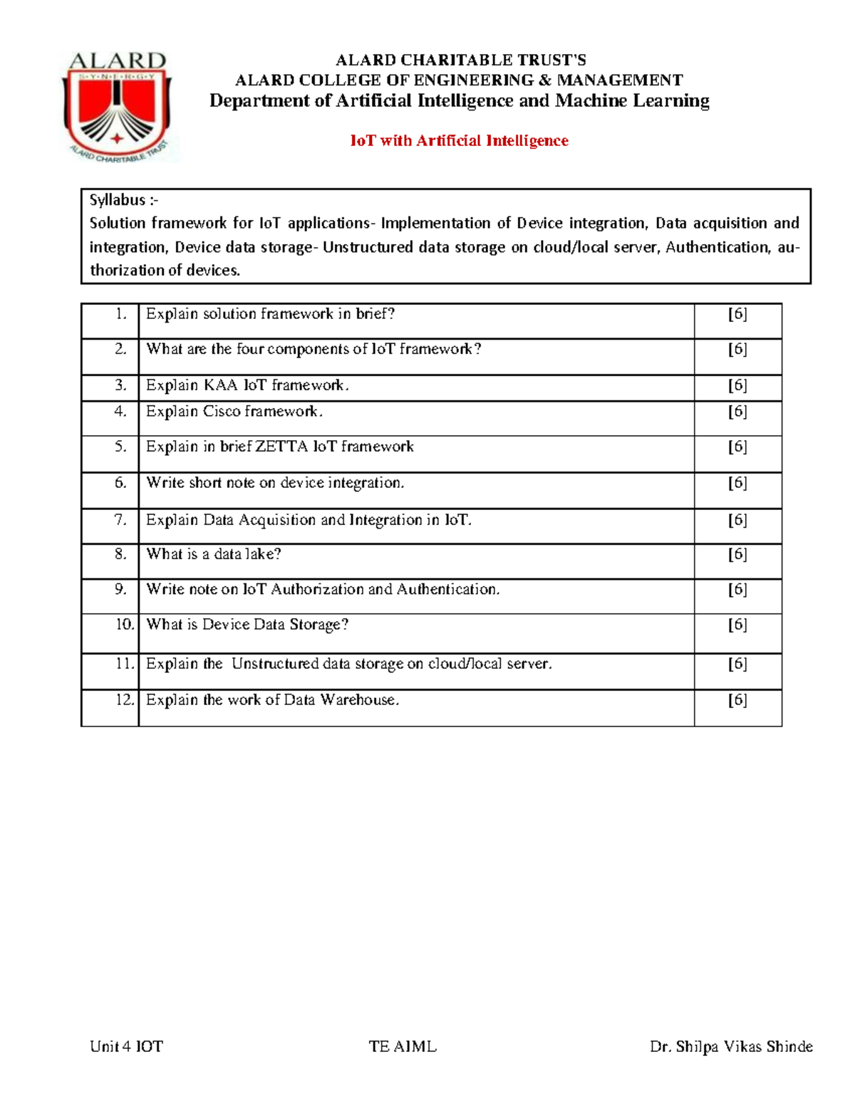 Unit 4 IOT Question Bank - AI & ML (ALARD College) - Studocu