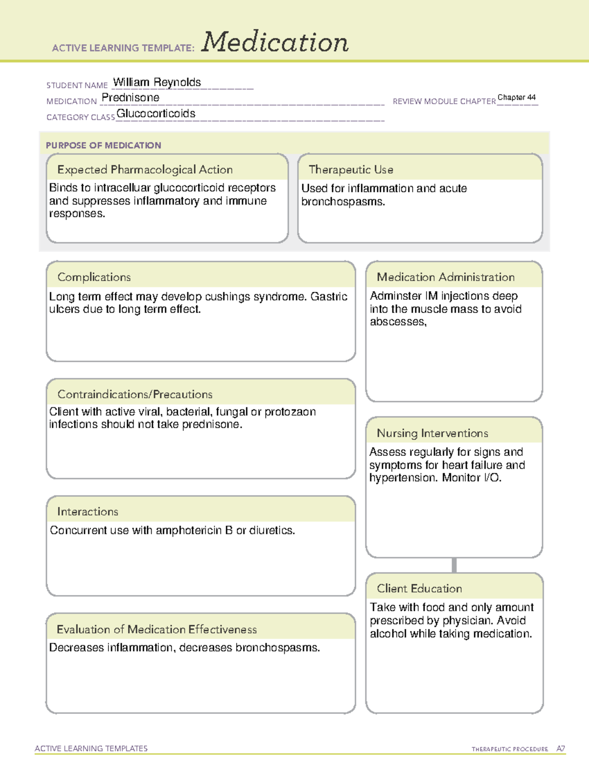 Predisone - card - ACTIVE LEARNING TEMPLATES TherapeuTic procedure A ...
