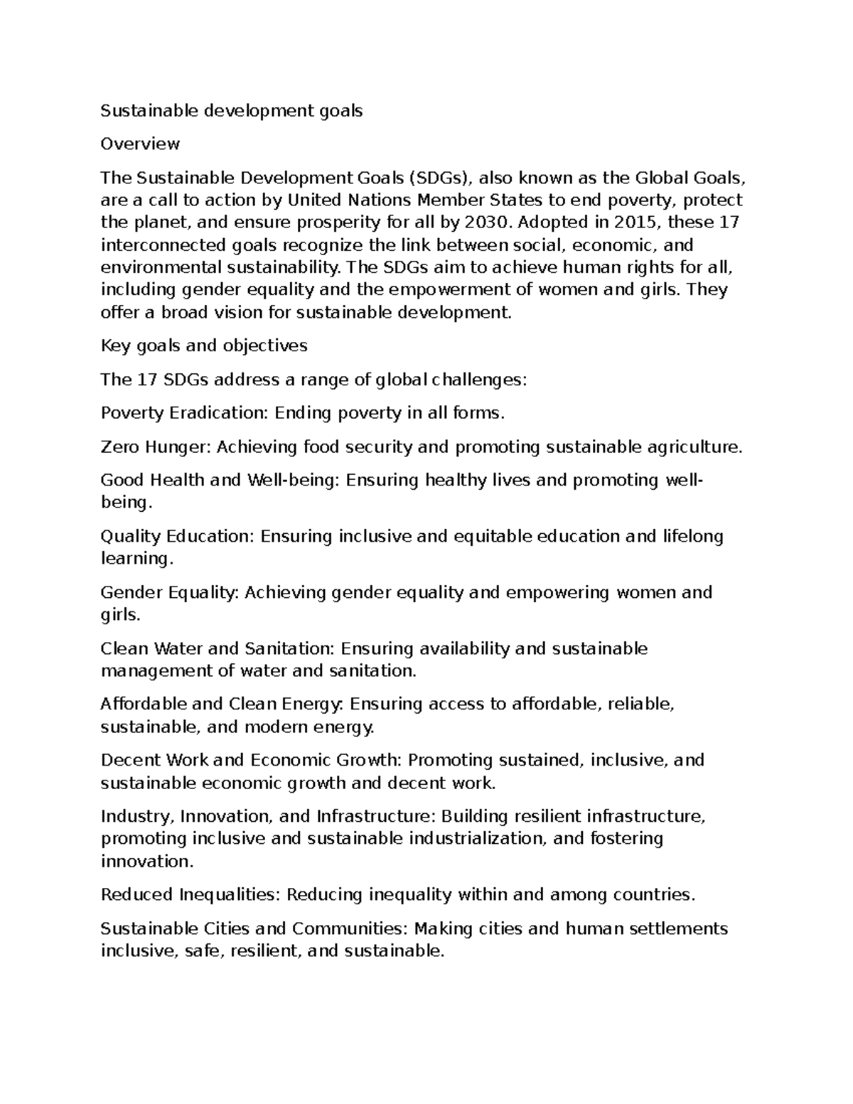 Sustainable Development Goals (SDGs) Overview Summary - Studocu