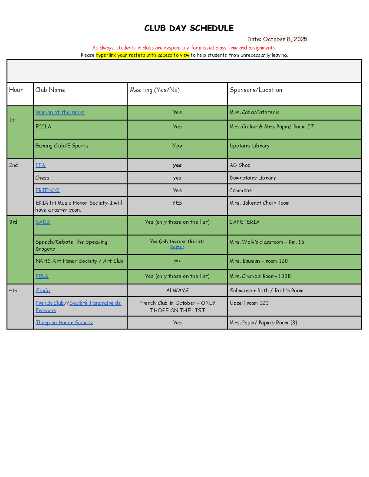 Club Day Meeting List - Google Docs - CLUB DAY SCHEDULE Date: October 8 ...