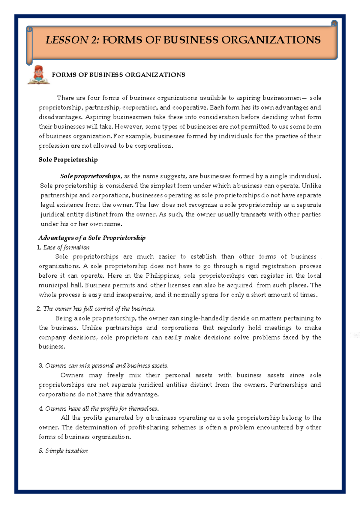 Acctg 1-FABM M1 Lesson 2 - FORMS OF BUSINESS ORGANIZATIONS There are ...