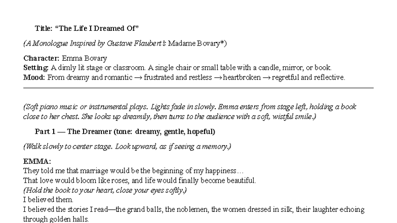 Title: Monologue Script: The Life I Dreamed - Inspired by Madame Bovary - Studocu