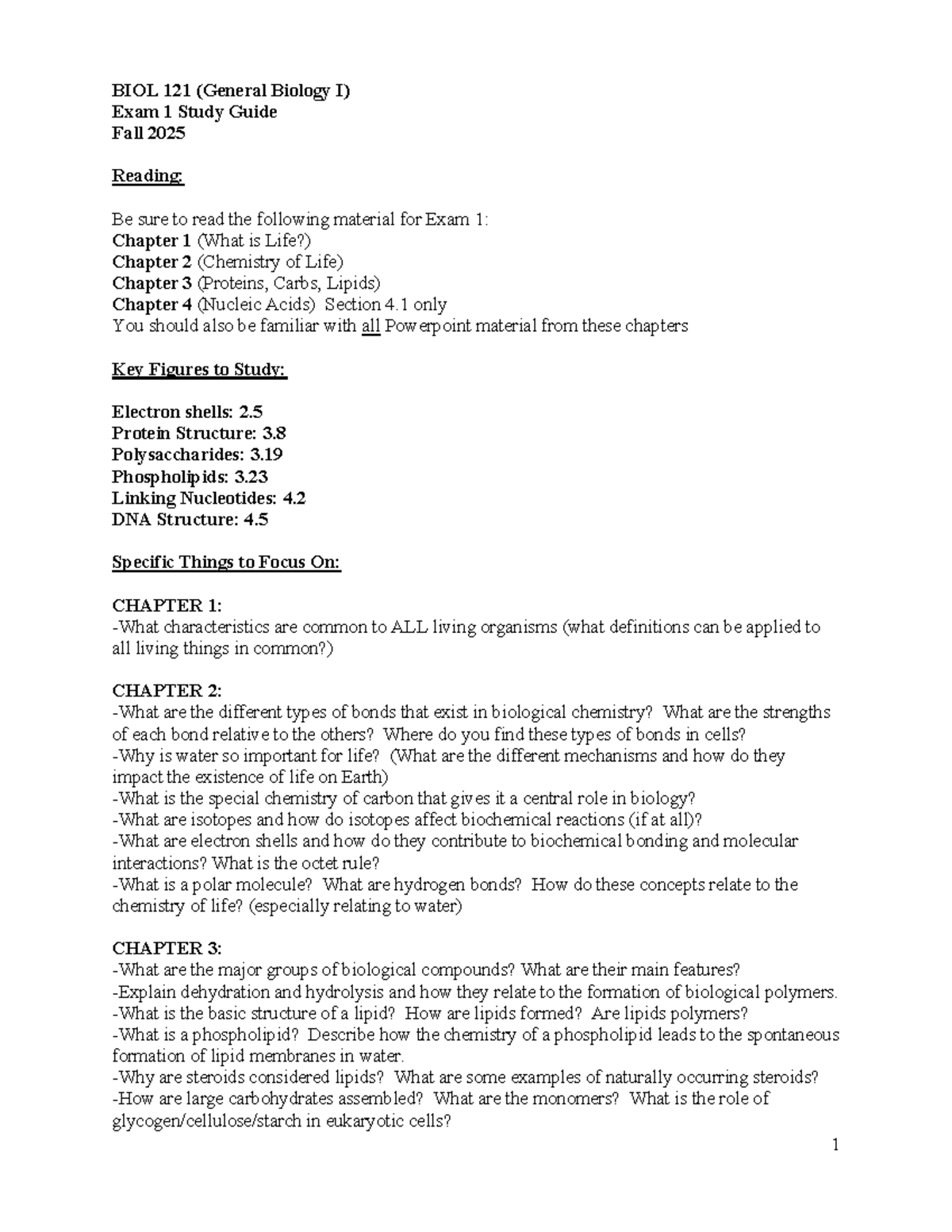 BIOL 121 Exam 1 Study Guide: Key Concepts & Topics Overview - Studocu