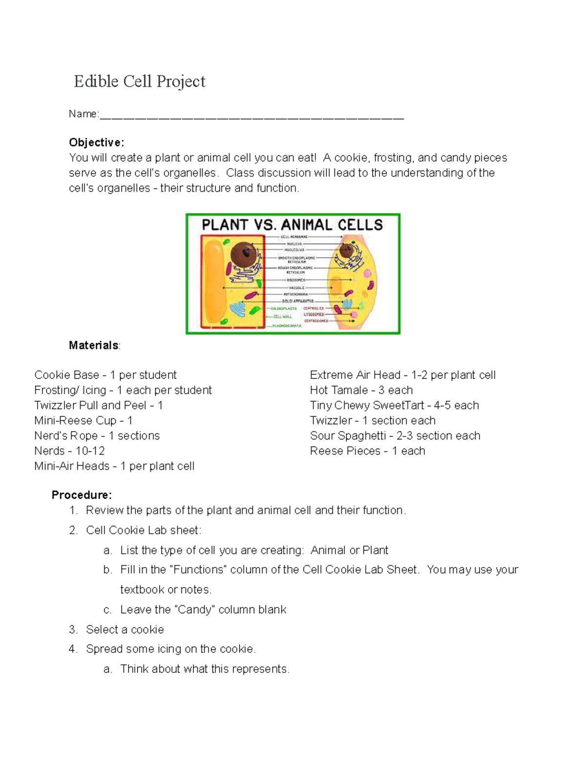 Edible Cell Project - Lab Activity for Biology (BIO101) - Studocu