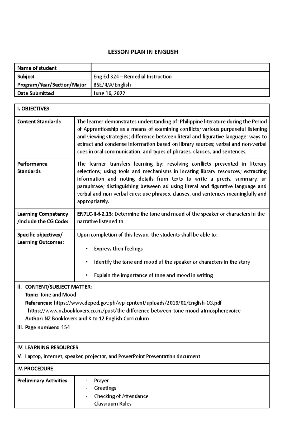Eng Ed 324 - Remedial Instruction Lesson Plan on Tone & Mood Activities ...