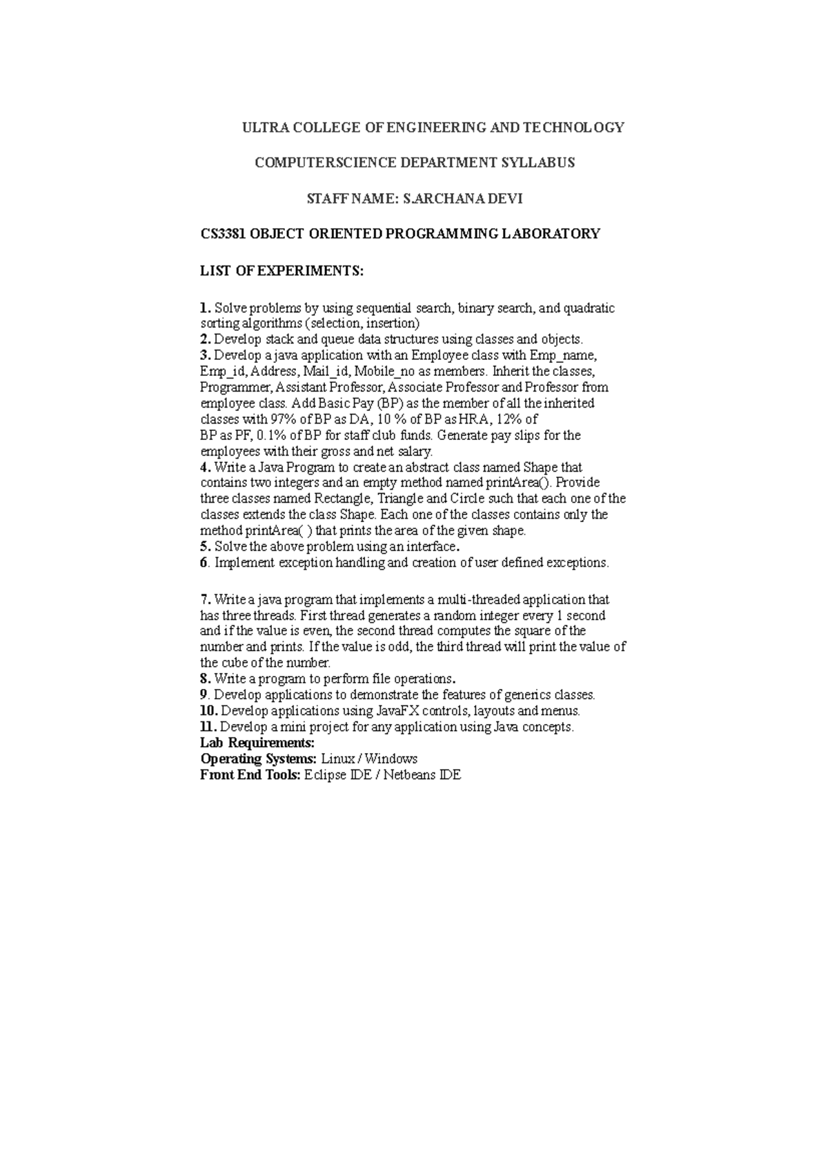 CS3381 Object Oriented Programming Lab Syllabus and Experiments - Studocu