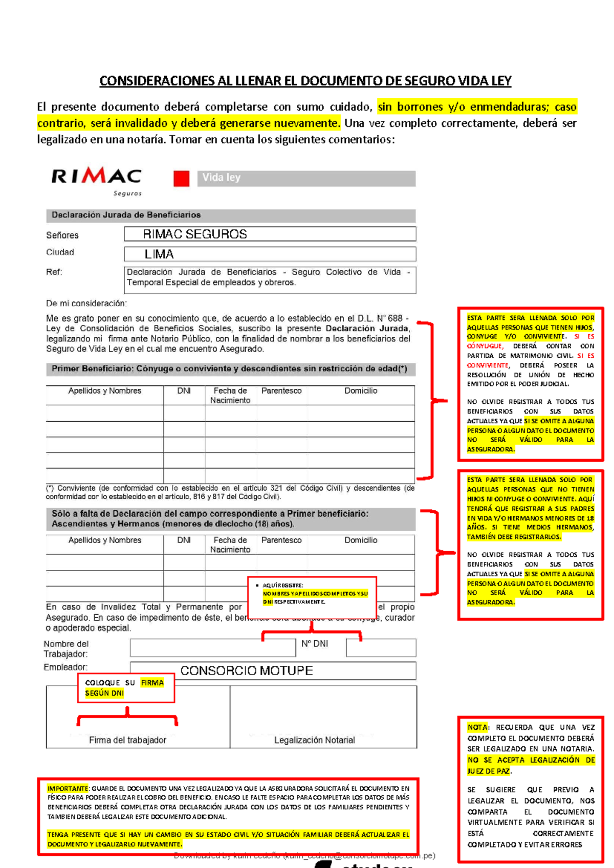 Instructivo VIDA LEY: Consideraciones para Llenar el Documento de Seguro - Studocu