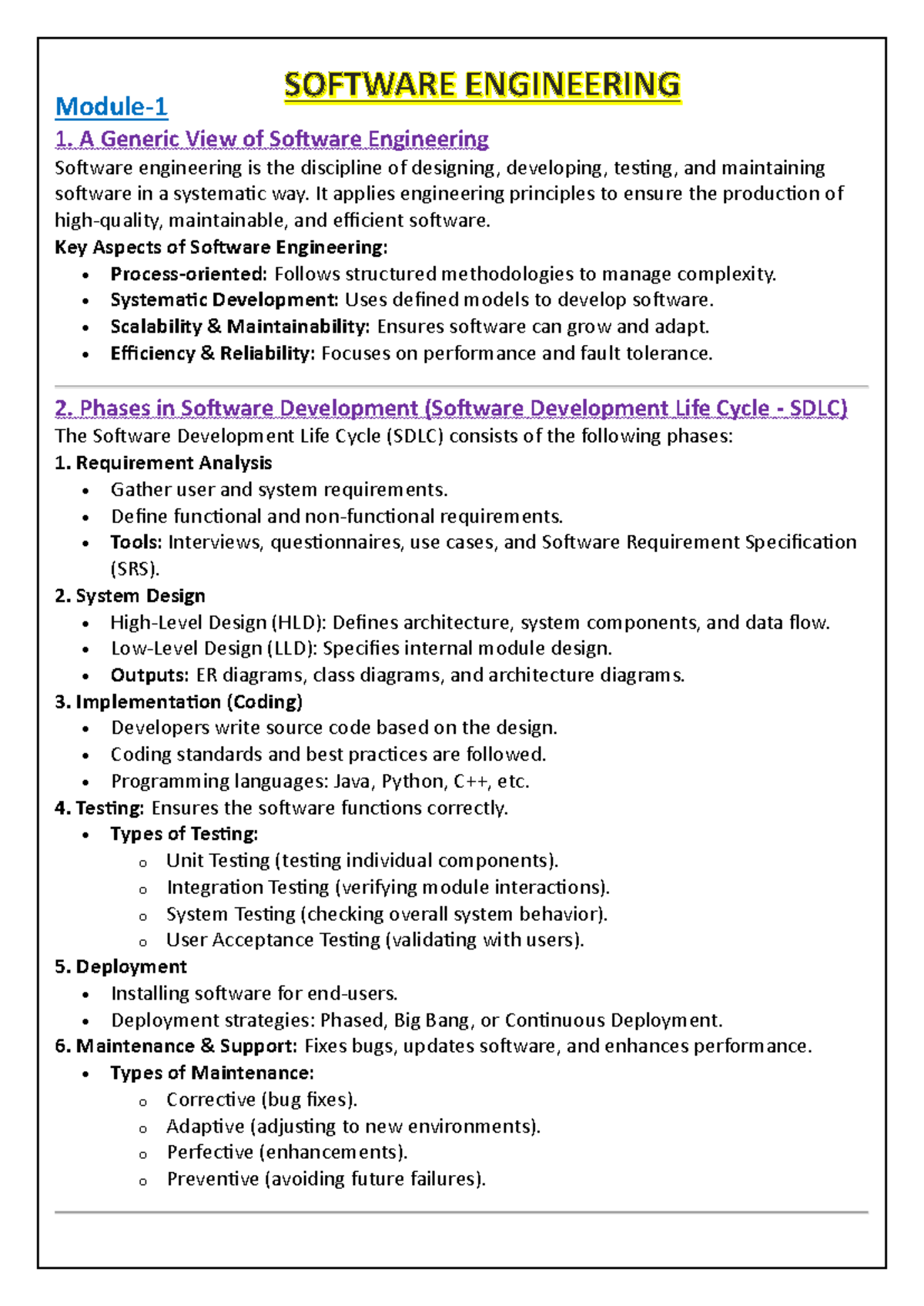 Modulewise Explanation of SE (Software Engineering) Concepts - Studocu