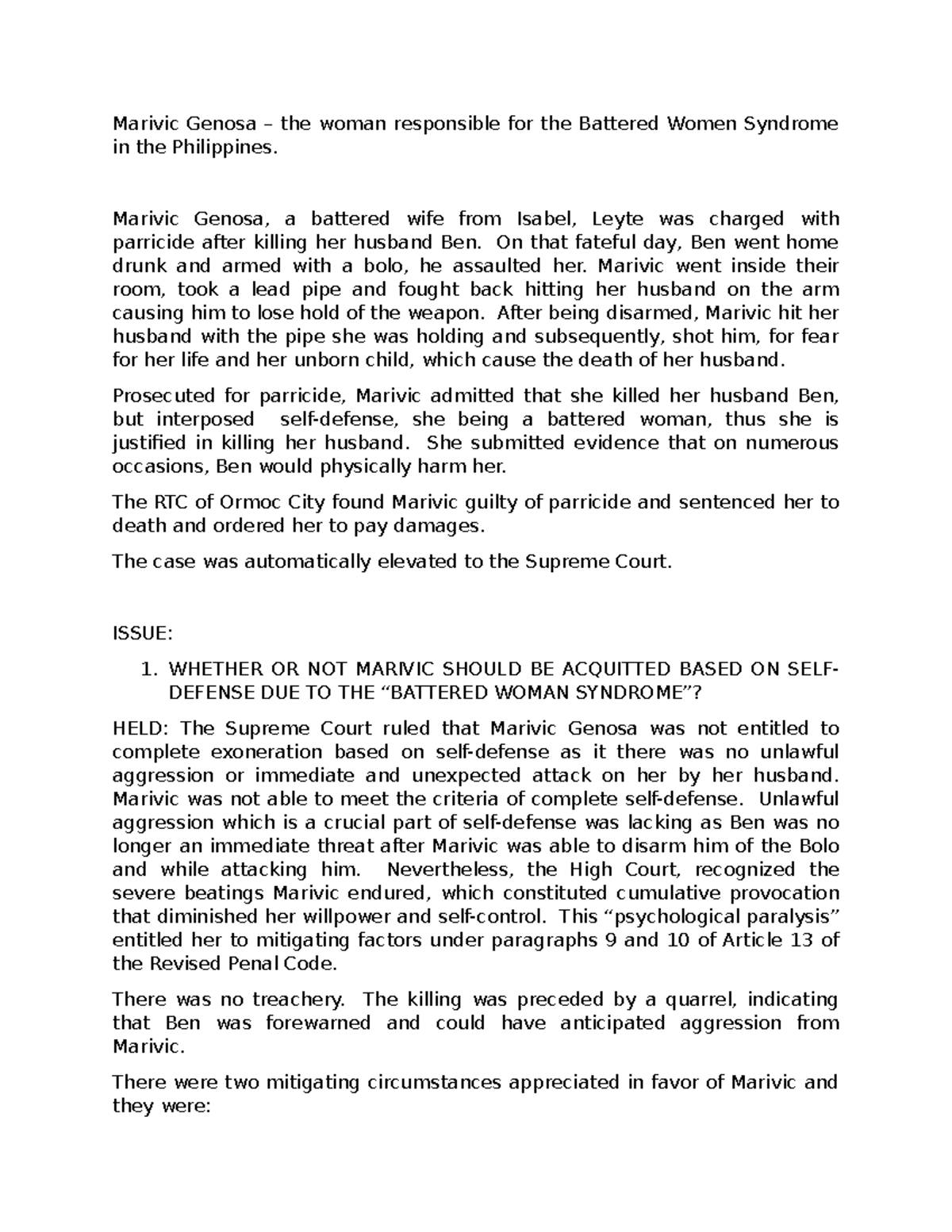 Marivic Genosa Case Study: Battered Women Syndrome Insights - Studocu