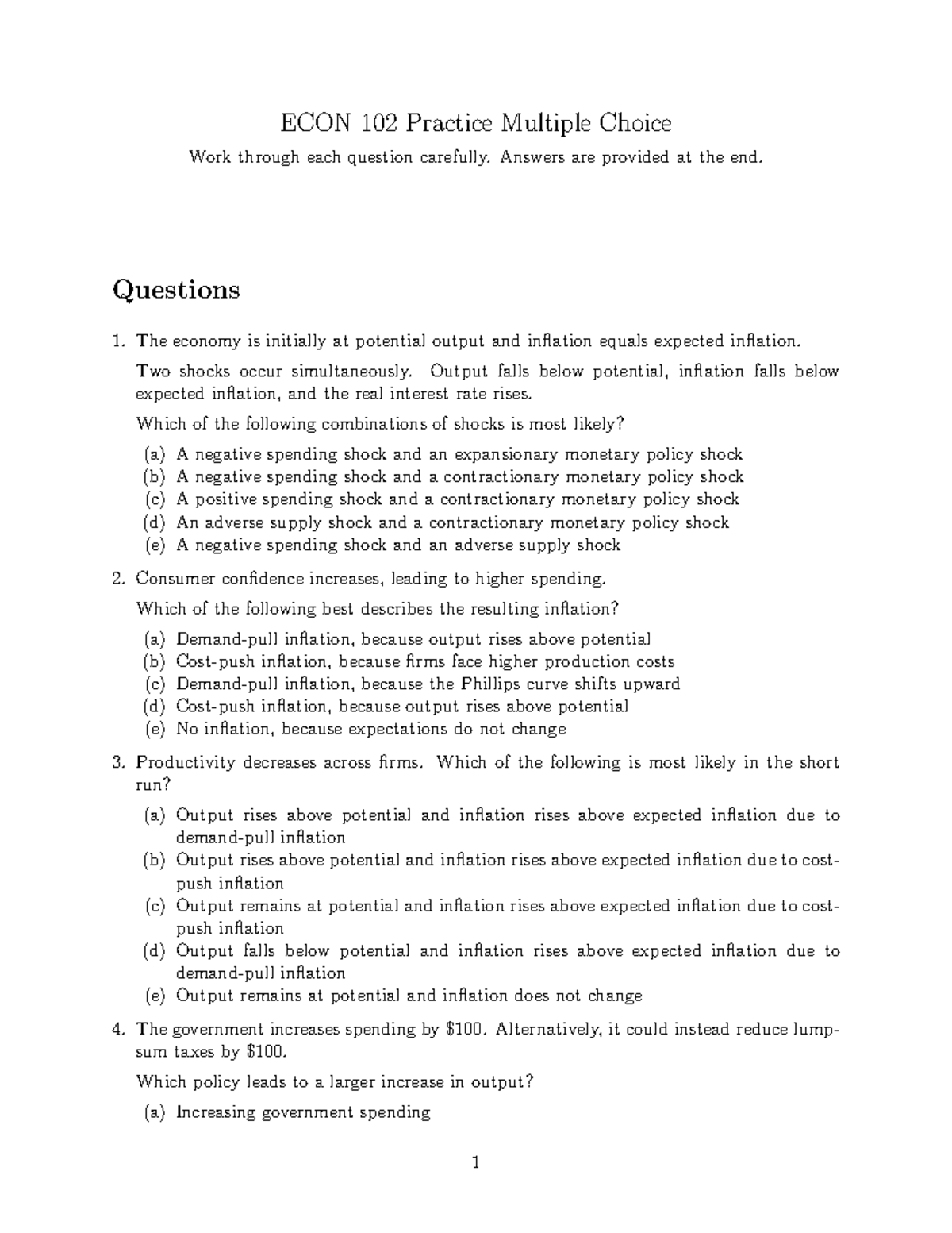 ECON 102 Practice Final Exam MC Questions & Answer Explanations - Studocu