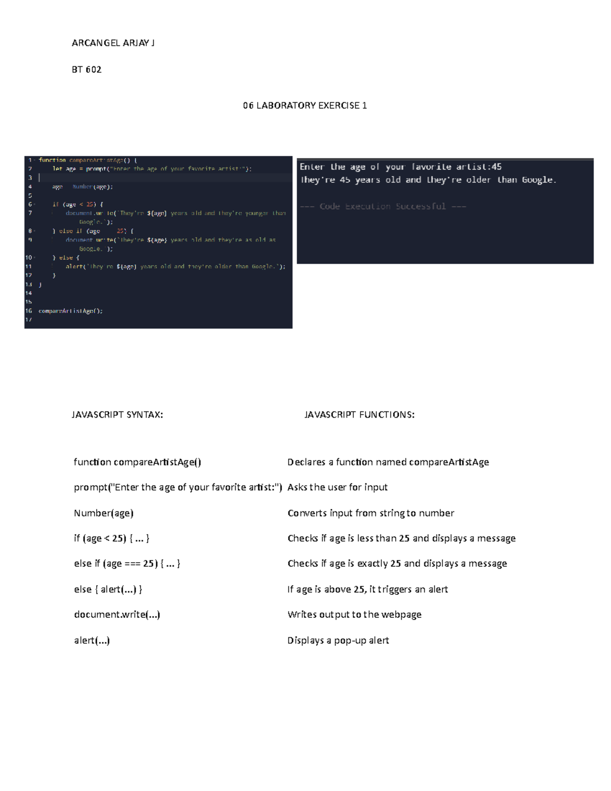 06 Laboratory Exercise 1 - ARCANGEL ARJAY J BT 602 06 LABORATORY EXERCISE 1 JAVASCRIPT SYNTAX ...
