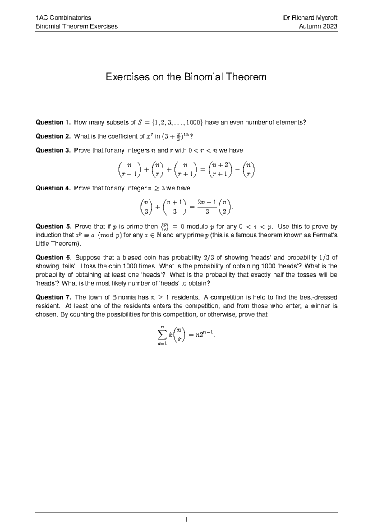 1ac Combinatorics Binomial Theorem Practice Exercises Autumn 2023 Studocu