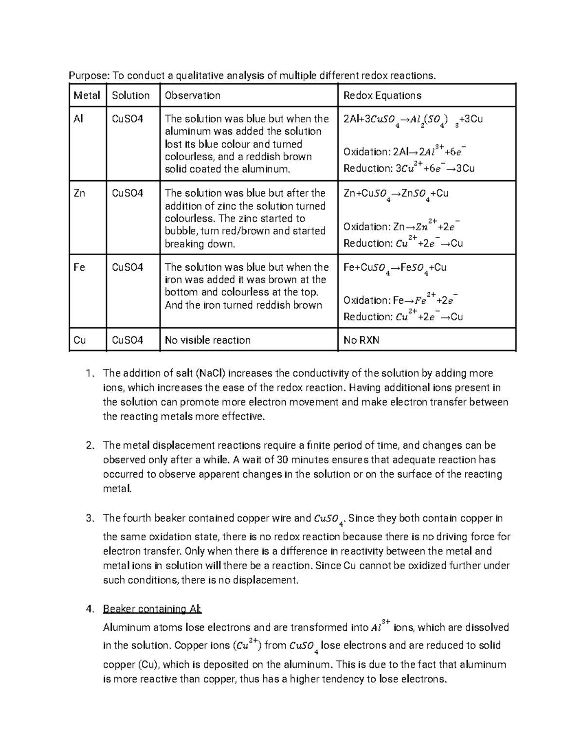Lab 5 L2: Qualitative Analysis of Redox Reactions in Metals - Studocu