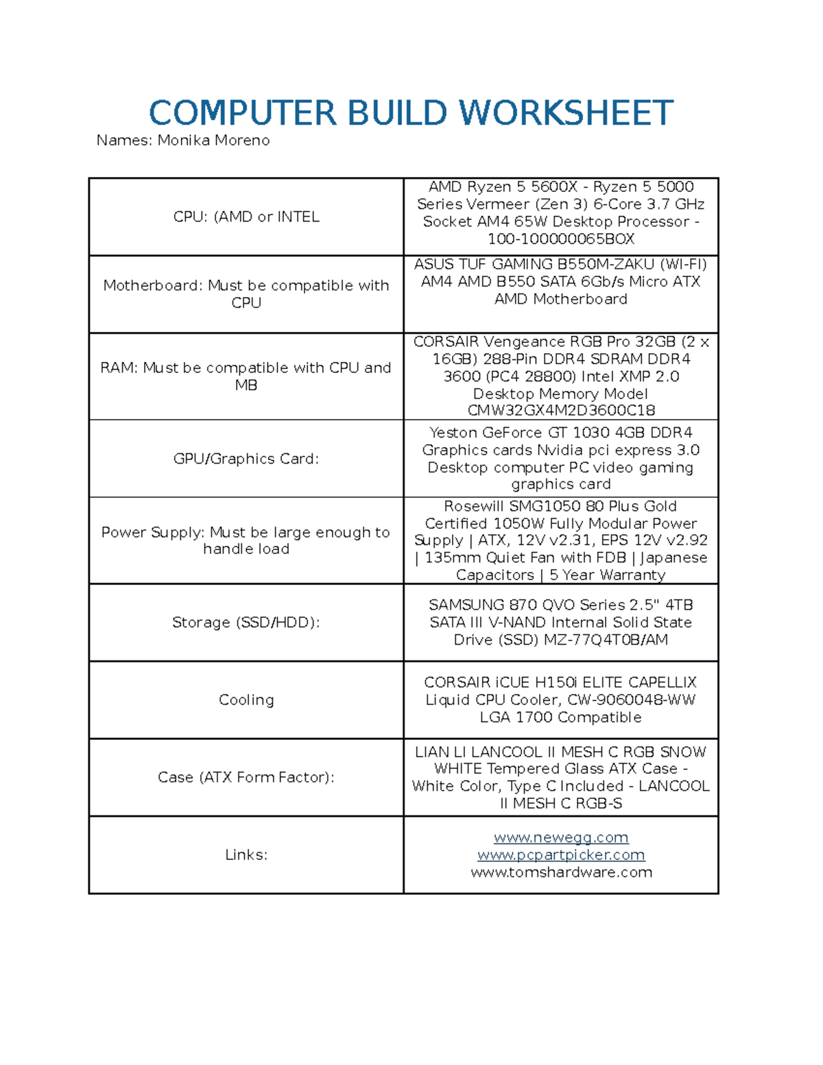 Computer Build Worksheet - COMPUTER BUILD WORKSHEET Names: Monika ...