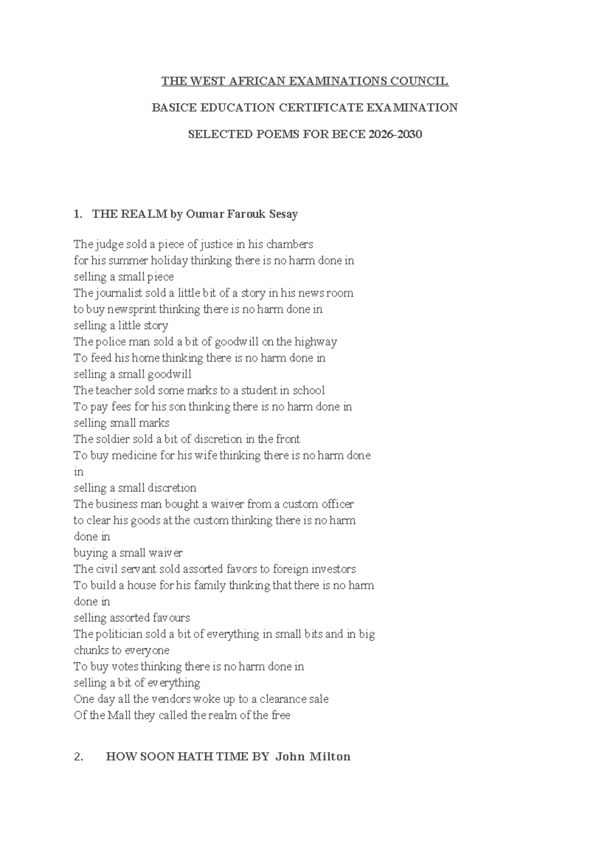 BECE 2026 Selected Poems Analysis: "The Realm" & "How Soon Hath Time ...