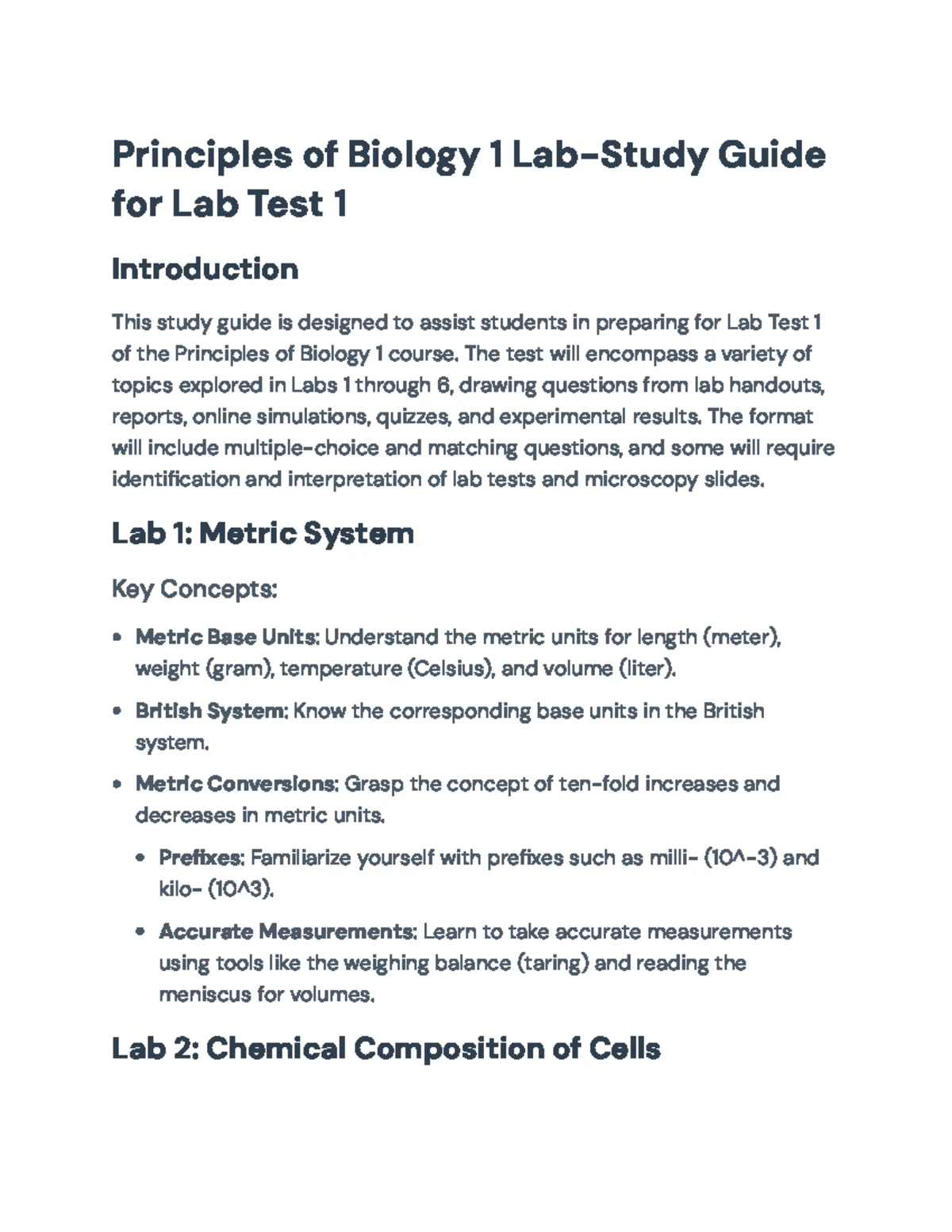 BIO 101 Principles of Biology 1 Lab - Study Guide for Lab Test 1 - Studocu