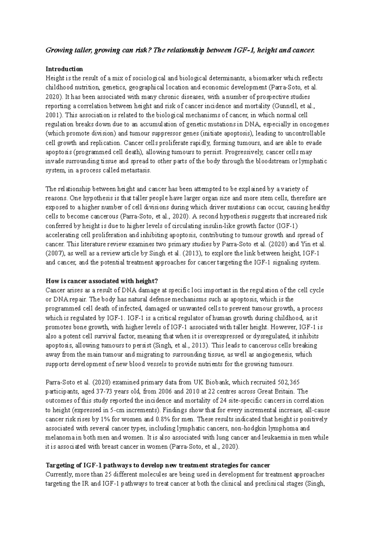 BABS1201 Literature Review: Height and Cancer Risk Association - Studocu