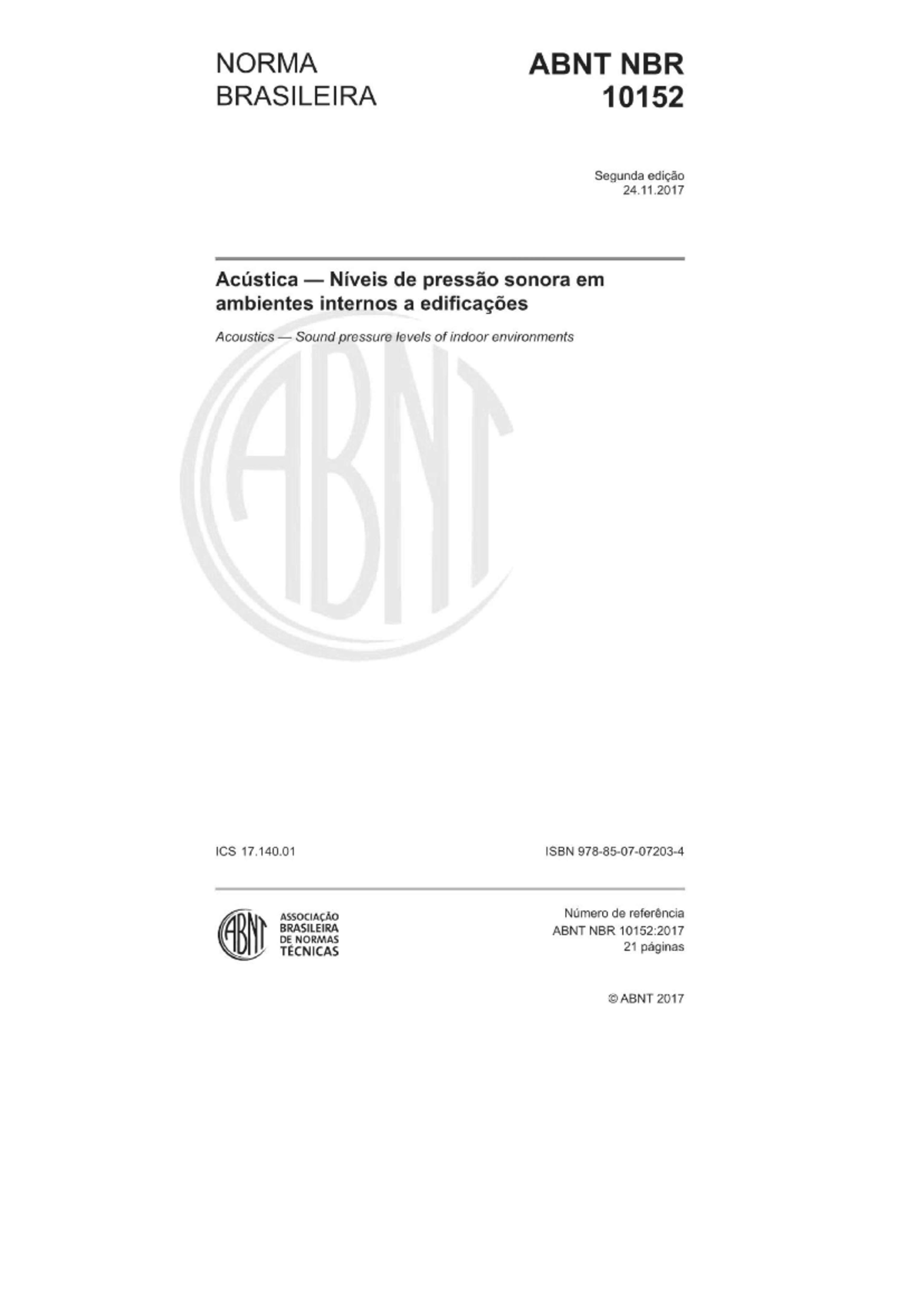 ABNT NBR 10152:2020 - Acústica em Edificações e Níveis Sonoros - Studocu
