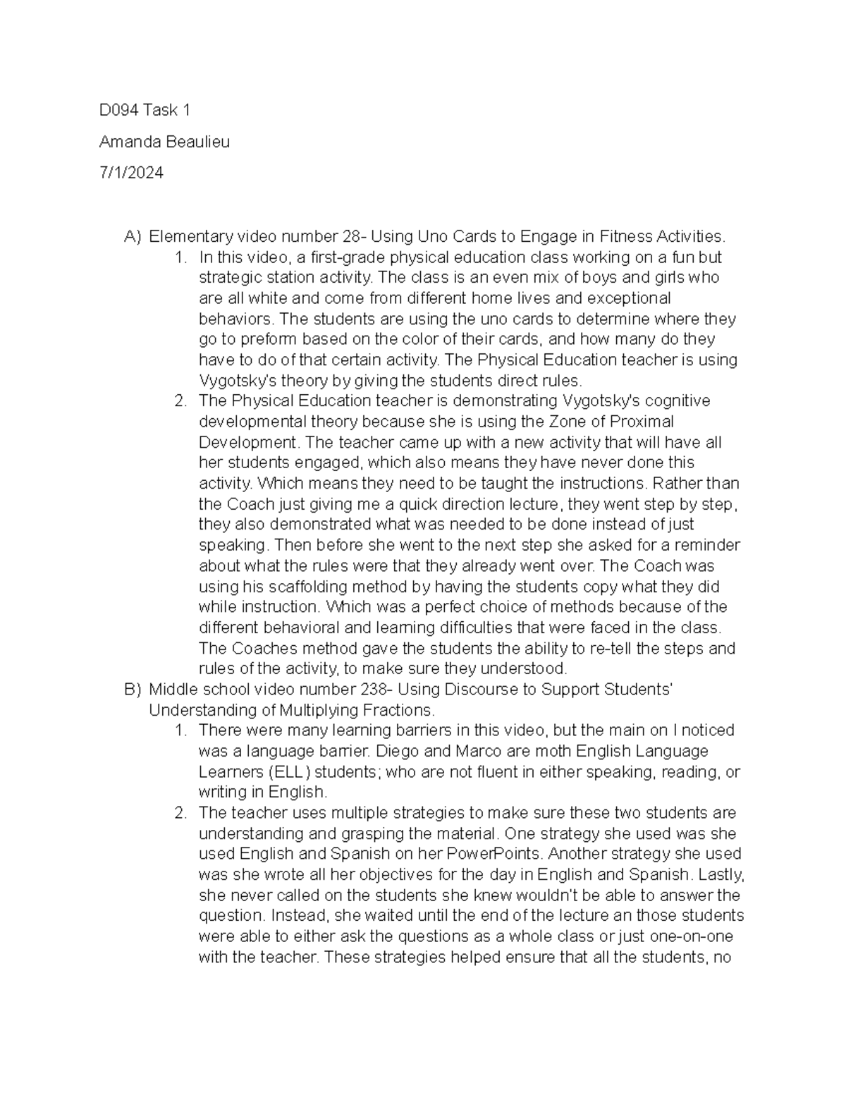 Task 1 - D094 task one example - D094 Task 1 Amanda Beaulieu 7/1/ A ...