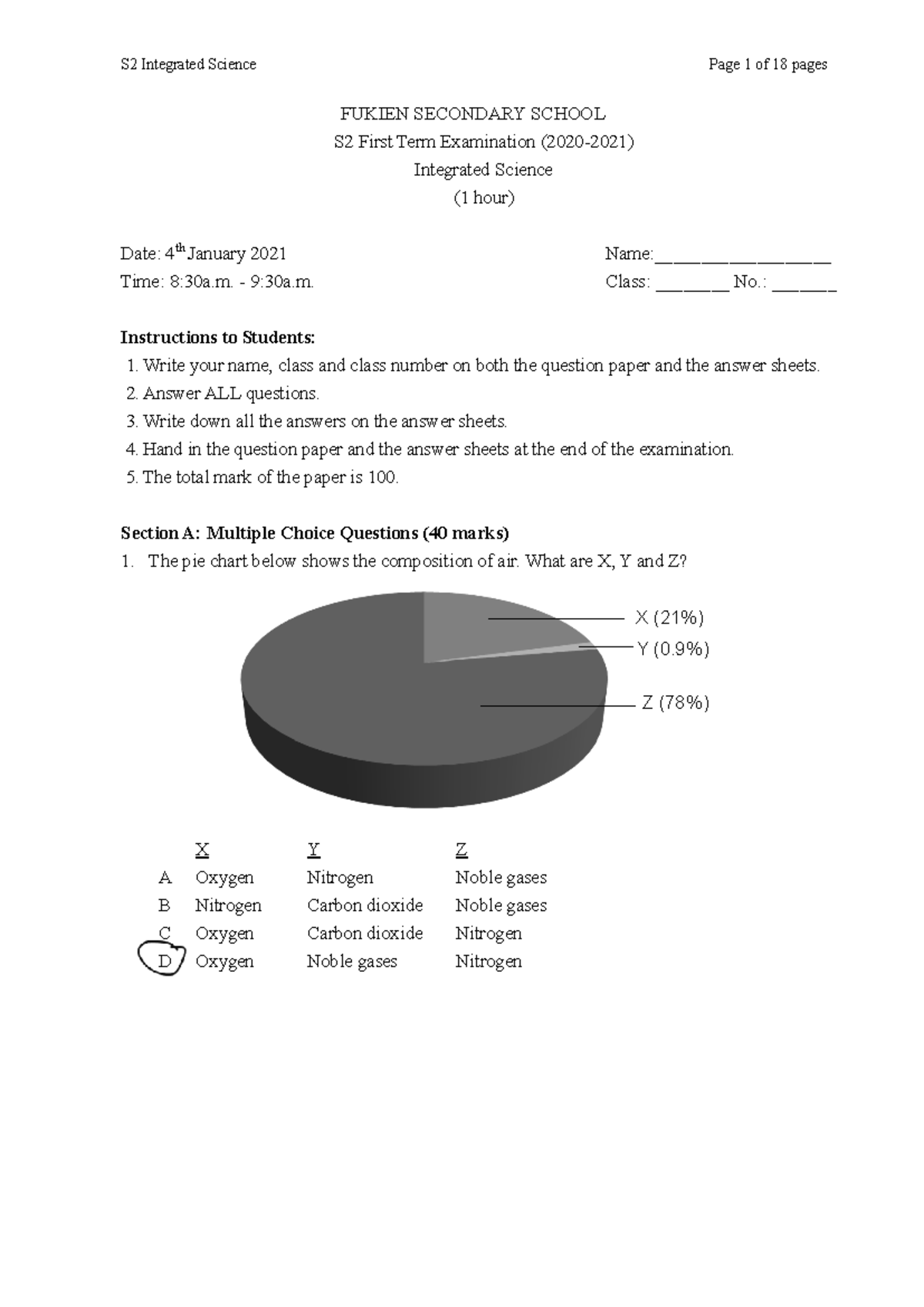 S2 Integrated Science first term examination paper 2020-2021 - Studocu