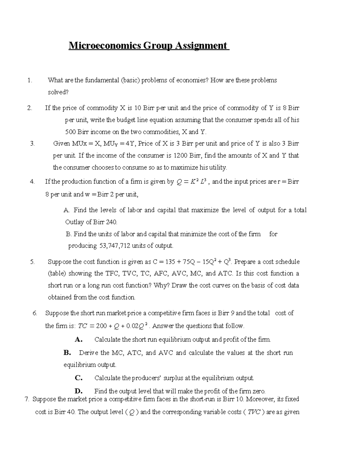 Microeconomics Group Assignment 1: Fundamental Economic Problems ...