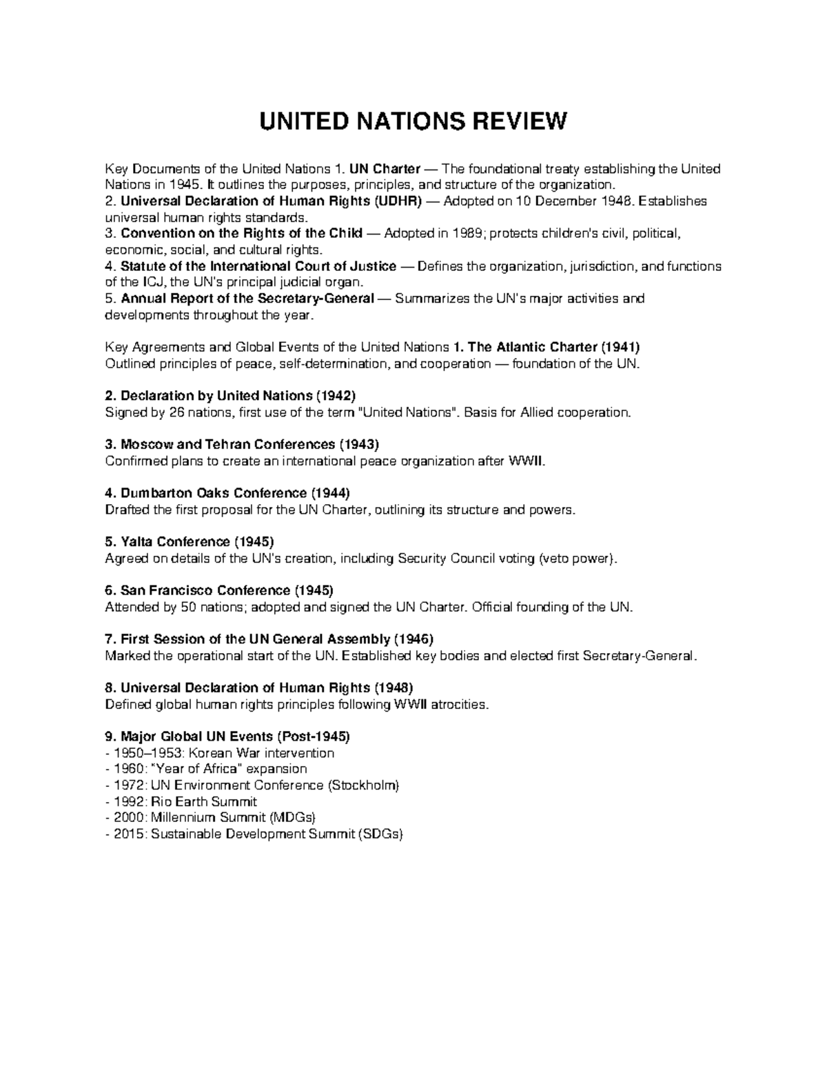 United Nations Review: Key Documents & Events Overview - Studocu