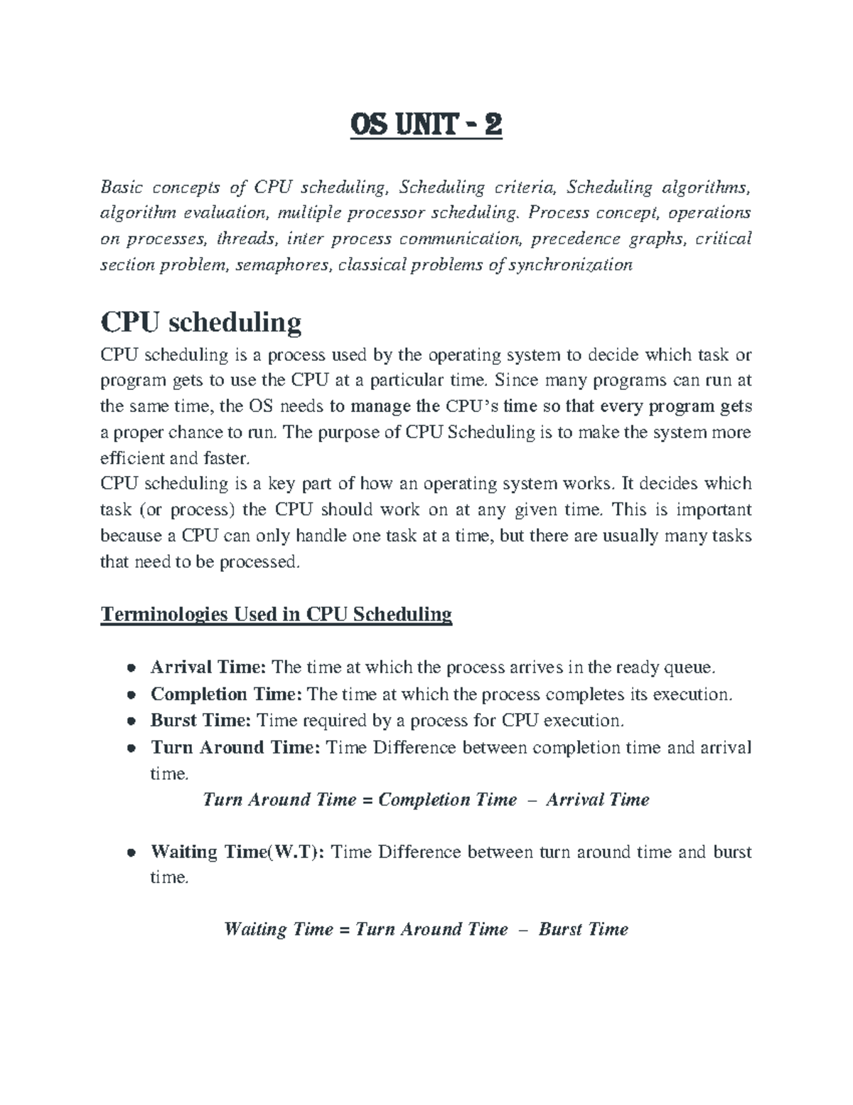 OS Unit 2: CPU Scheduling Concepts and Algorithms Overview - Studocu